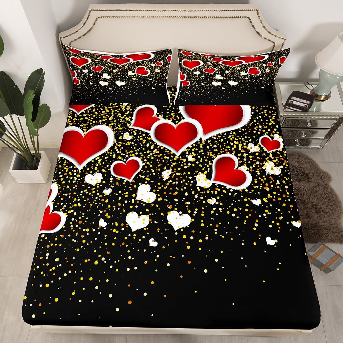 Red Love Heart Fitted Sheet Gold Sequin Print Sheets Queen Size Bed Set ...