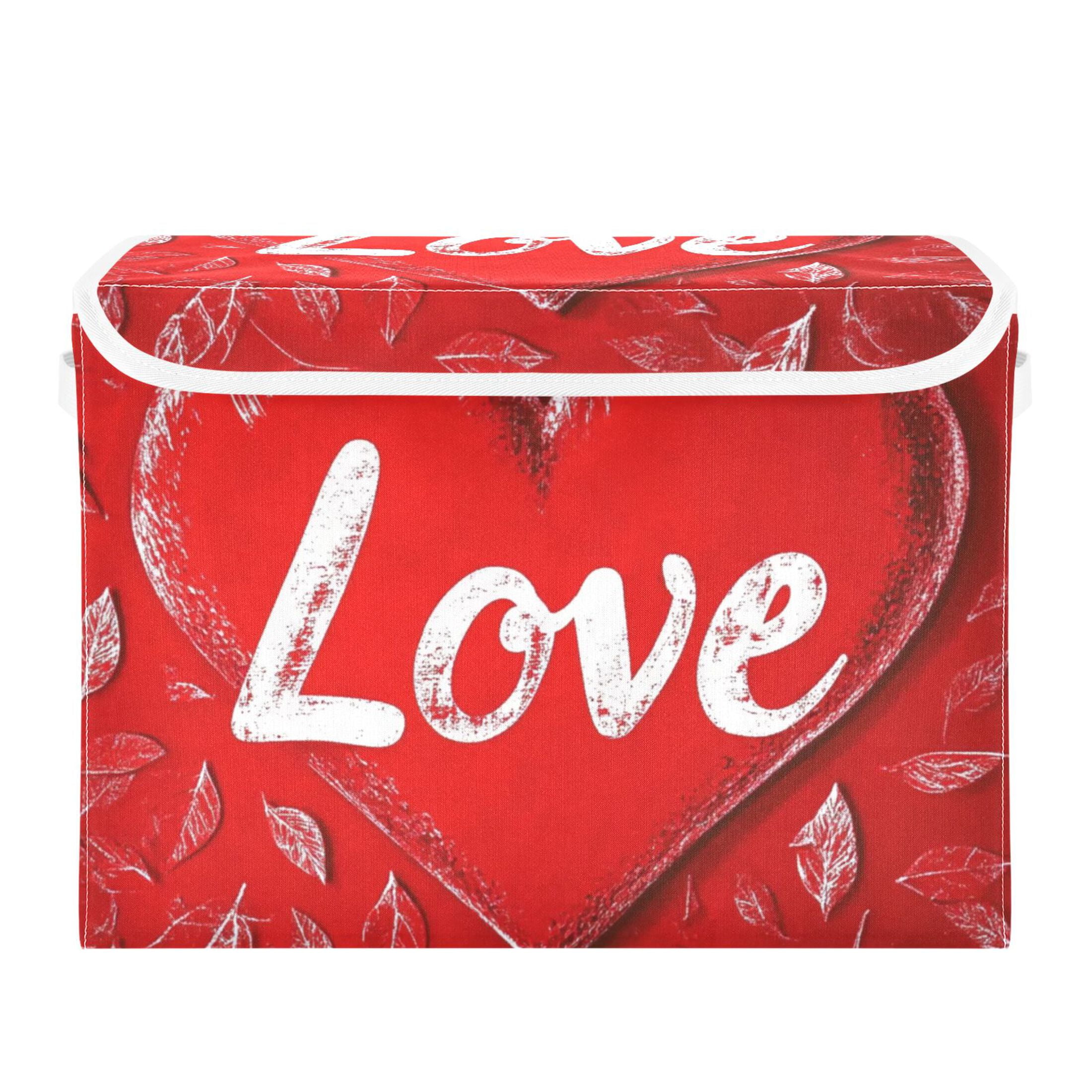 Red Love Heart Large Storage Bins with Linen Collapsible Lid Storage ...