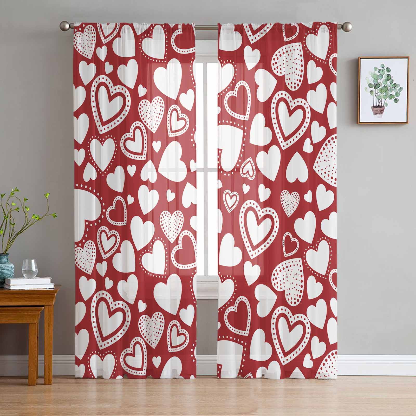 Red Love Heart Valentine Sheer Curtains 72 Inch Length 2 Panels Set for ...