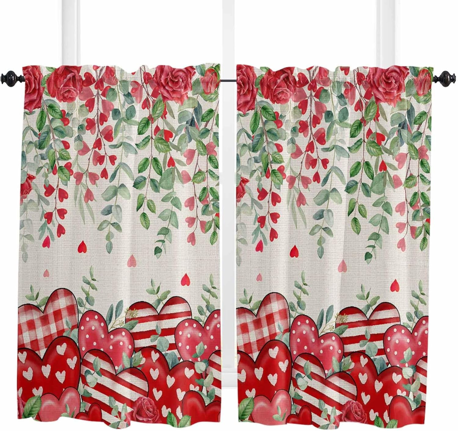 Red Love Heart Valentines Day Short Curtains 63 Inch Length - 2 Panels ...