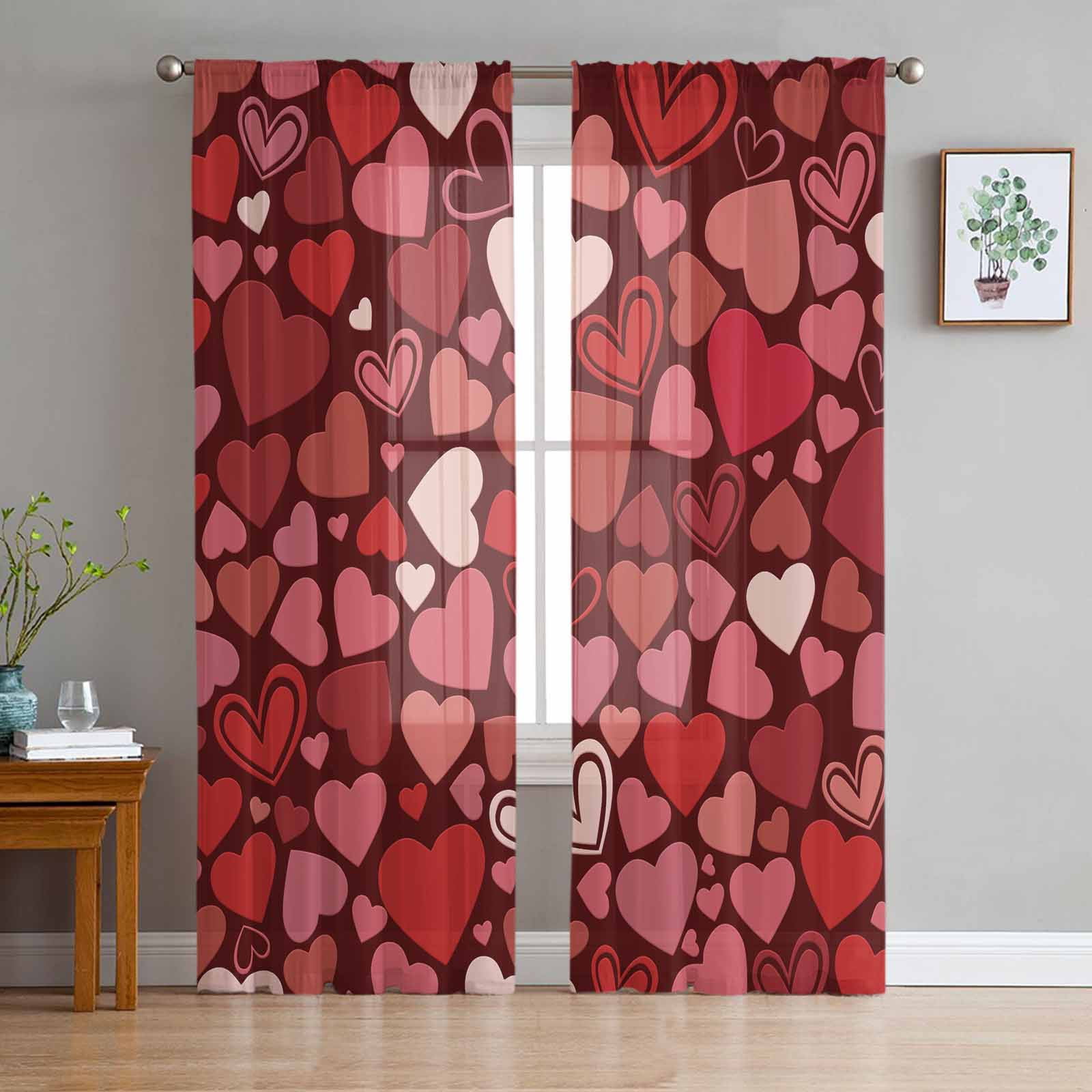 Red Love Heart Valentines Sheer Curtains 108 Inch Length 2 Panels Set ...