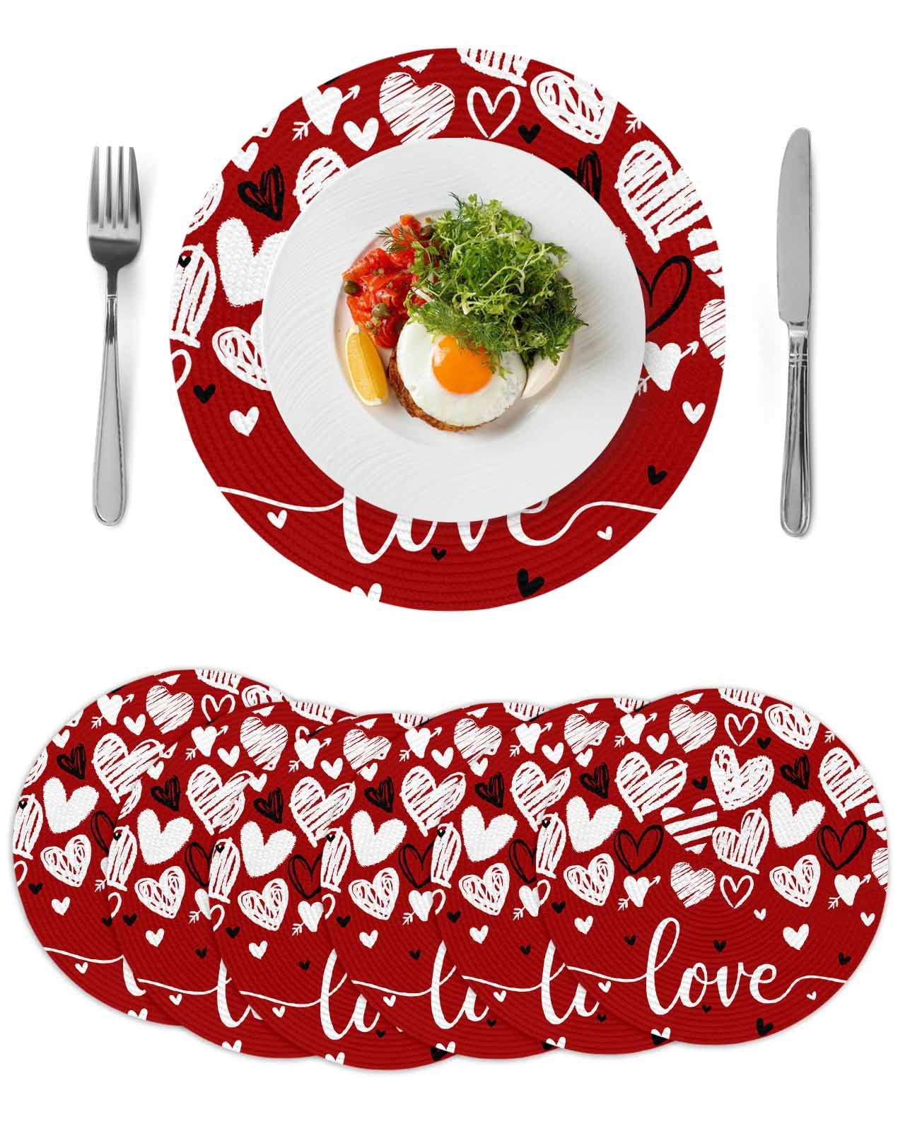 Red Love Valentines Round Placemats Set of 6 for Dinning Tables,Heat ...