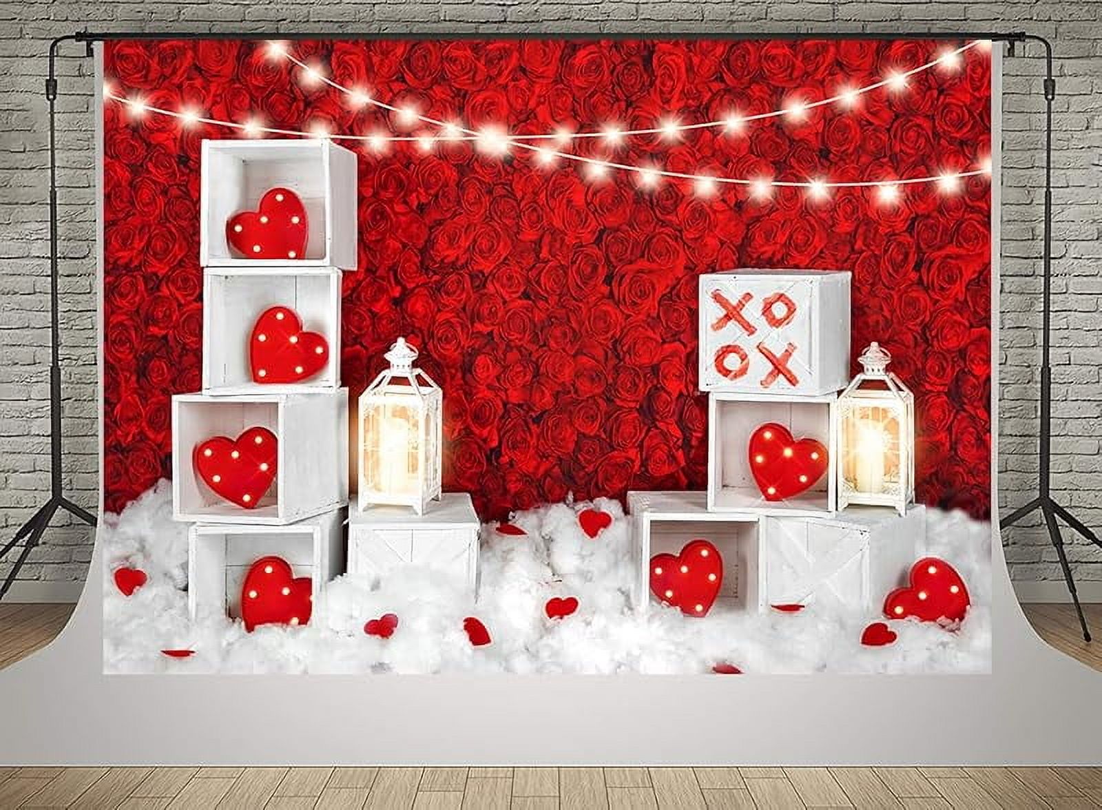 Red Loveheart Valentine's Day Photography Backdrops Red Rose Wall Photo ...