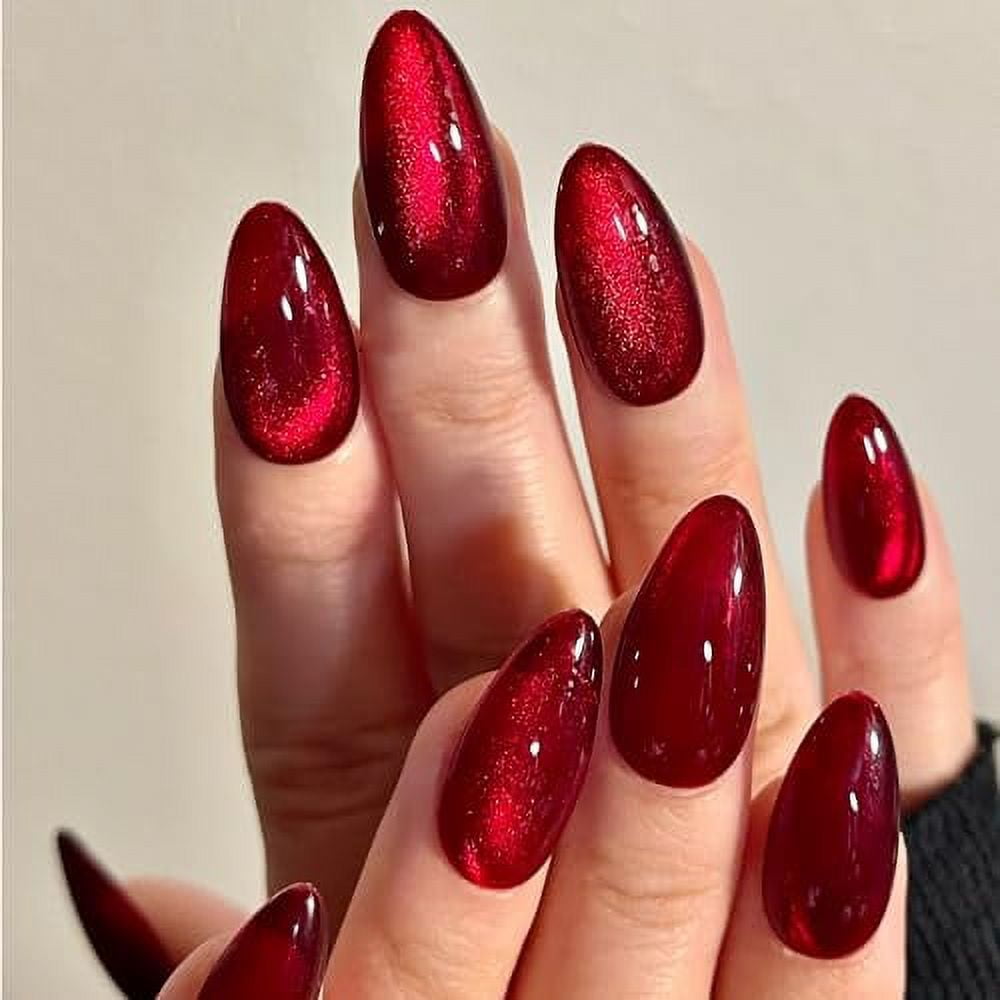 Red Magnet Cat Eyes Press on Nails Short Almond, Handmade Jelly Gel ...