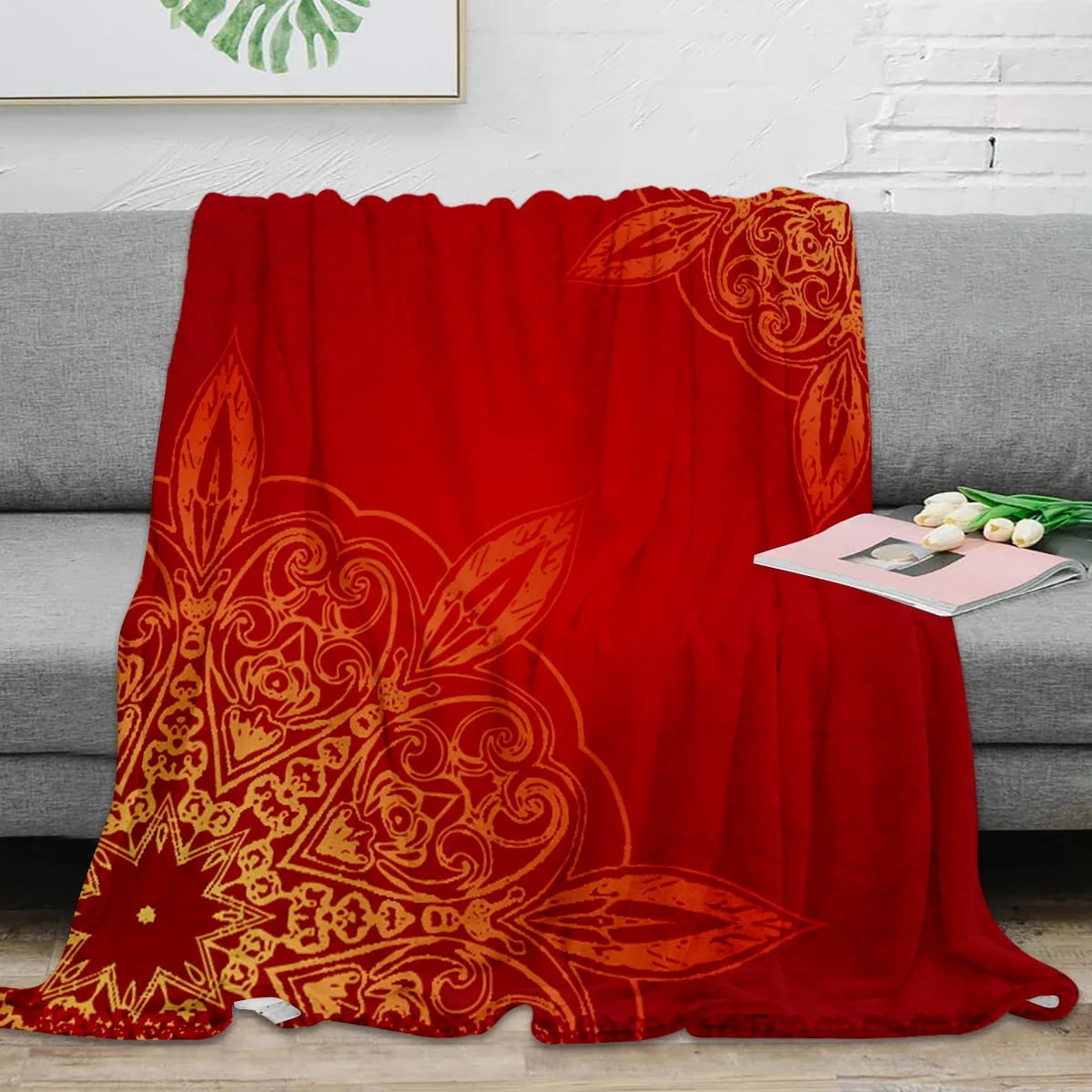 Red Mandala Flower Vintage Ethnic Art Flannel Blanket Travel Picnic ...