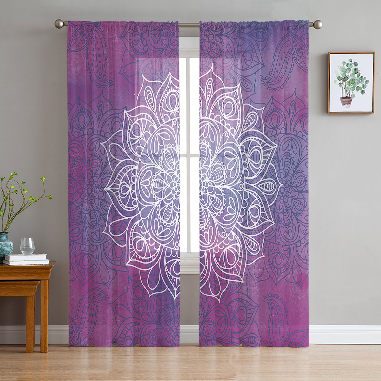 Red Mandala Flower Vintage Ethnic Art Tulle Sheer Window Curtains for ...