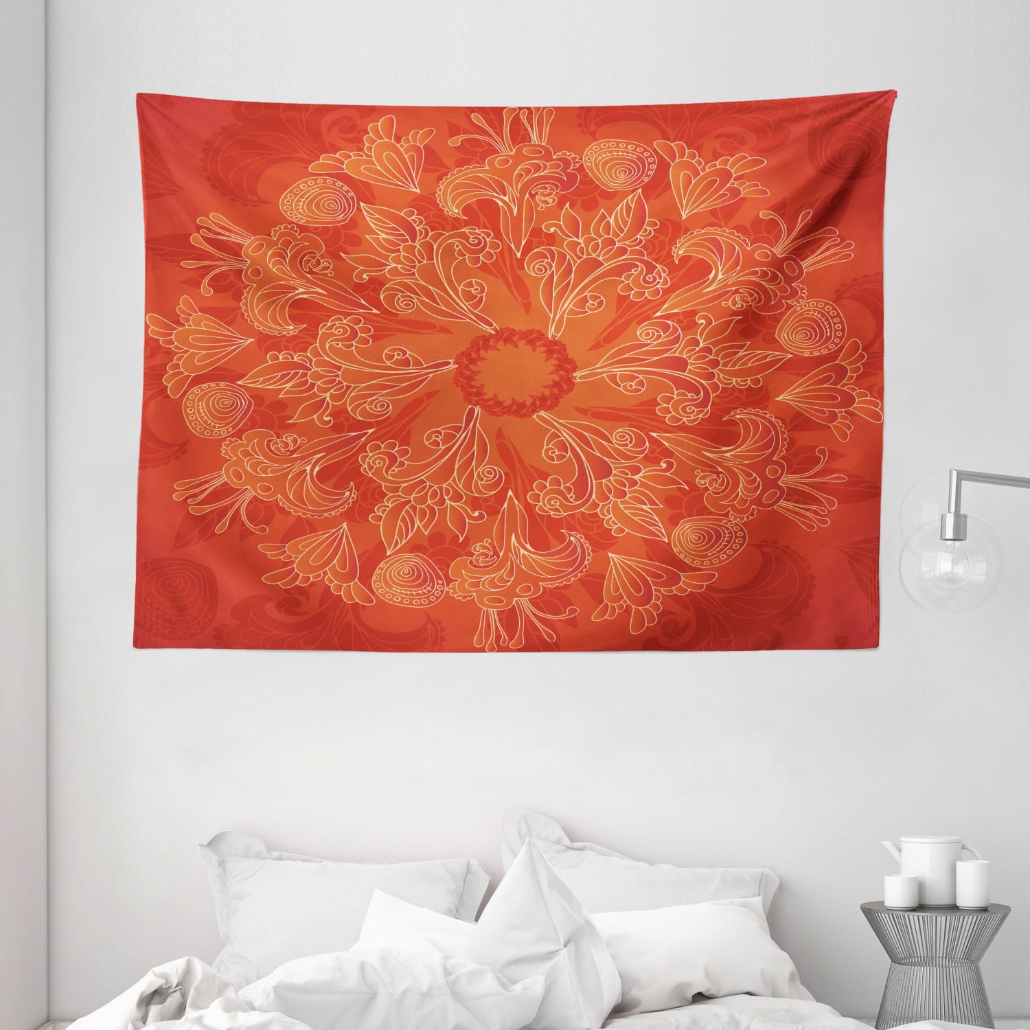 Red Mandala Tapestry, Vibrant Colored Doodle Style Nature Figures ...