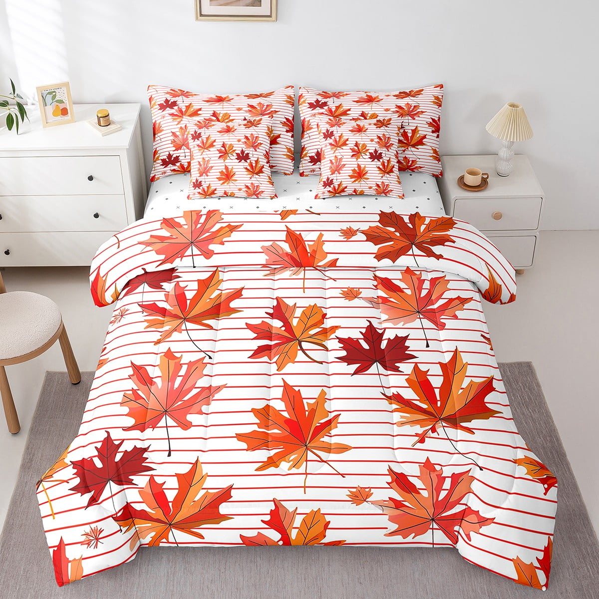 Red Maple Leaf Comforter Set 7 Piece Bed in a Bag Twin,Tree Leaves Bedding Sets Botanical Autumn ...