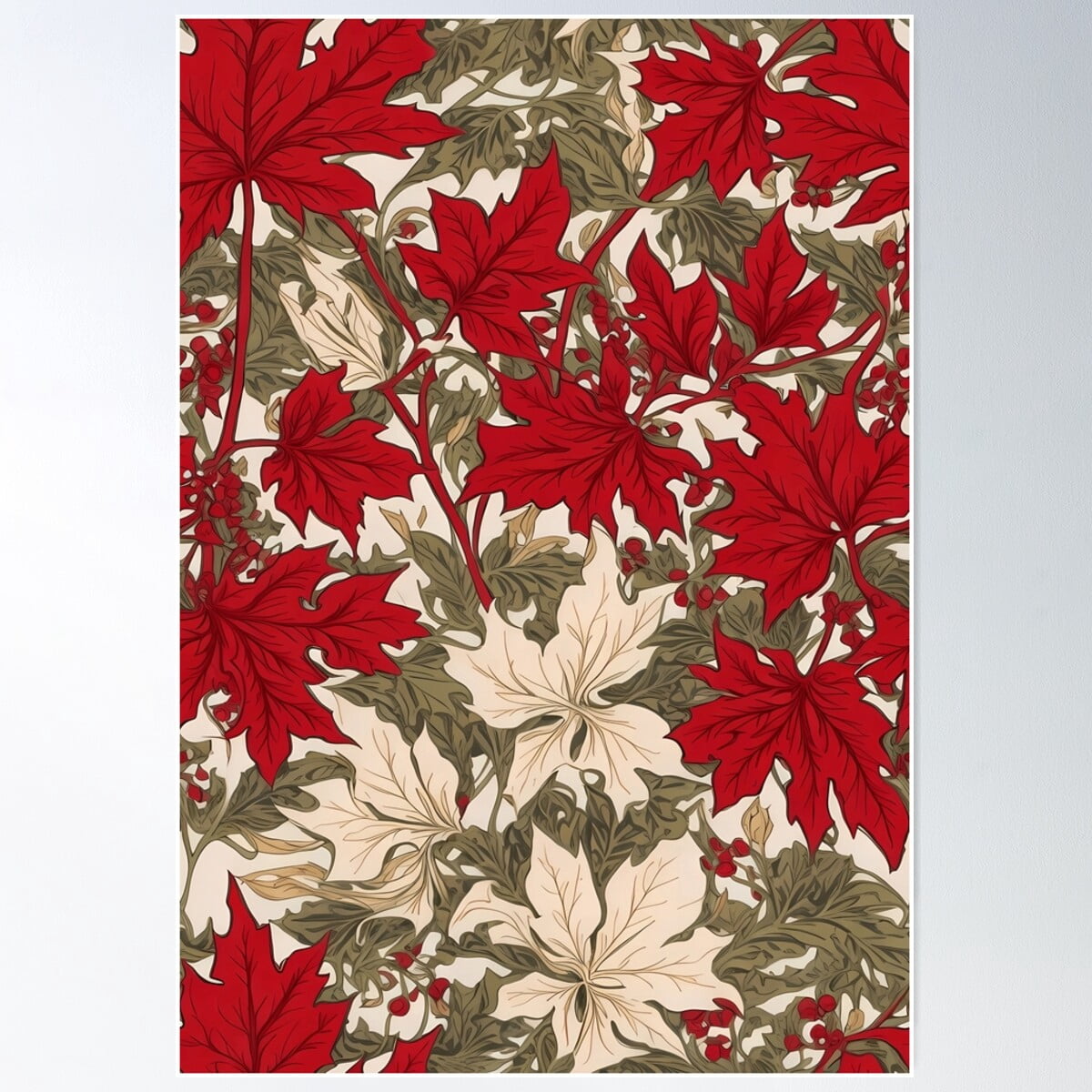 Red Maple Leaves On A White Background Pattern, William Morris Style ...