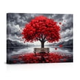 Red Maple Tree By Lake With Bench Serene Landscape For Bedroom Living ...