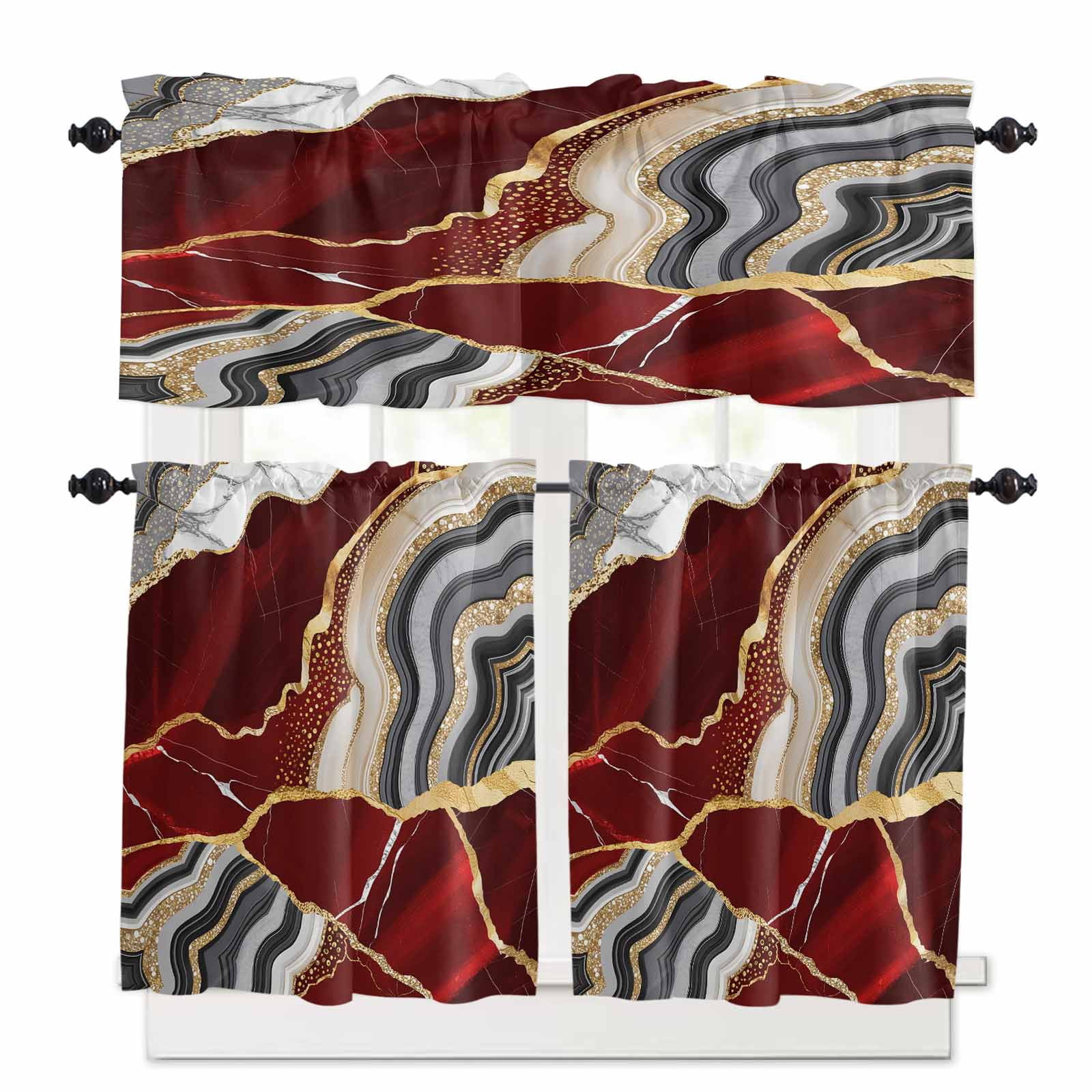 Red Marble Kitchen Curtains Set for Windows 3 Pieces,36 Inch Length ...