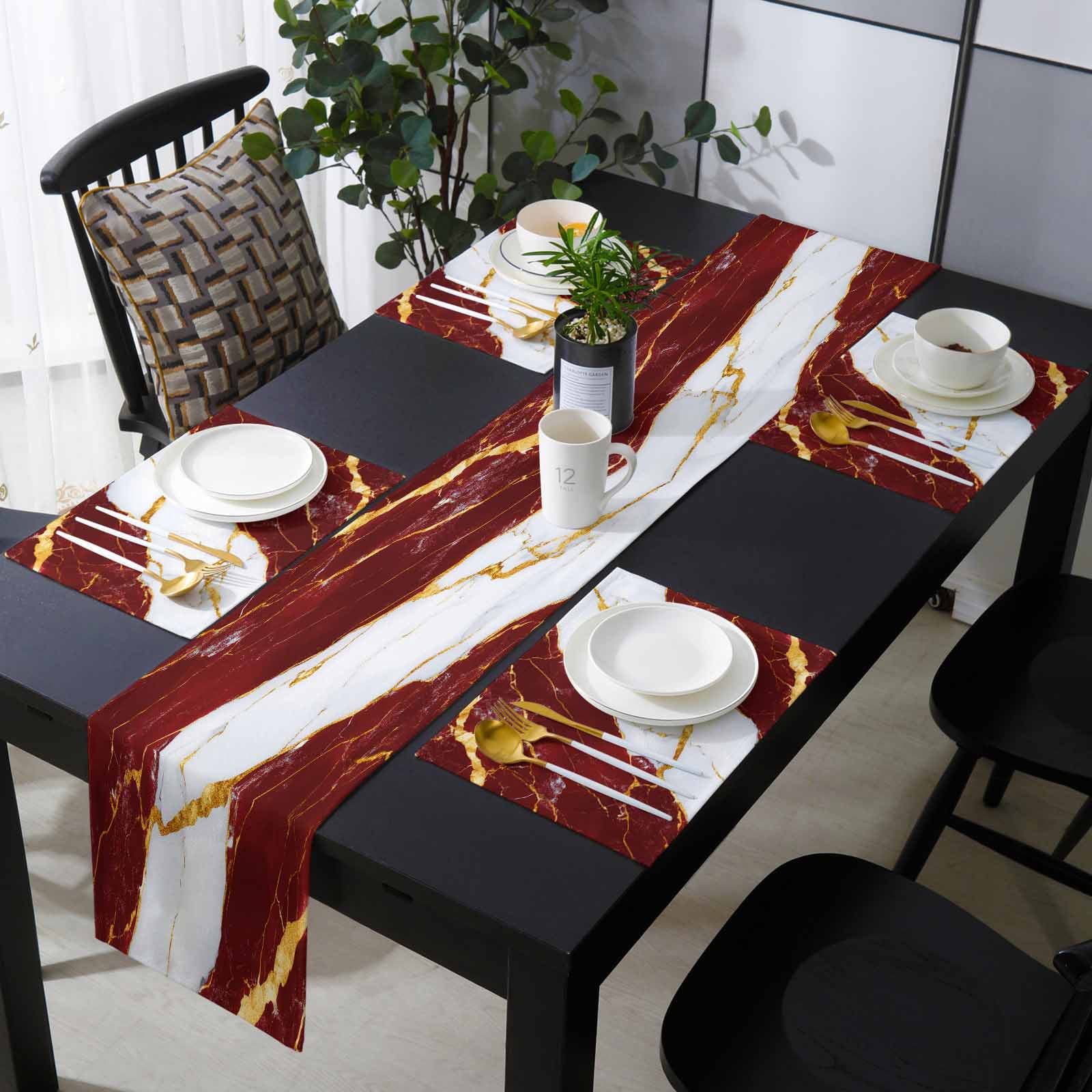 Red Marble Placemats Set of 6 with 70 Inches Long Table Runners,Luxury ...