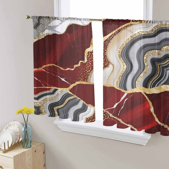 Red Marble Semi Sheer Curtains 54 Inch Length 2 Panels Set, Grey Gold ...