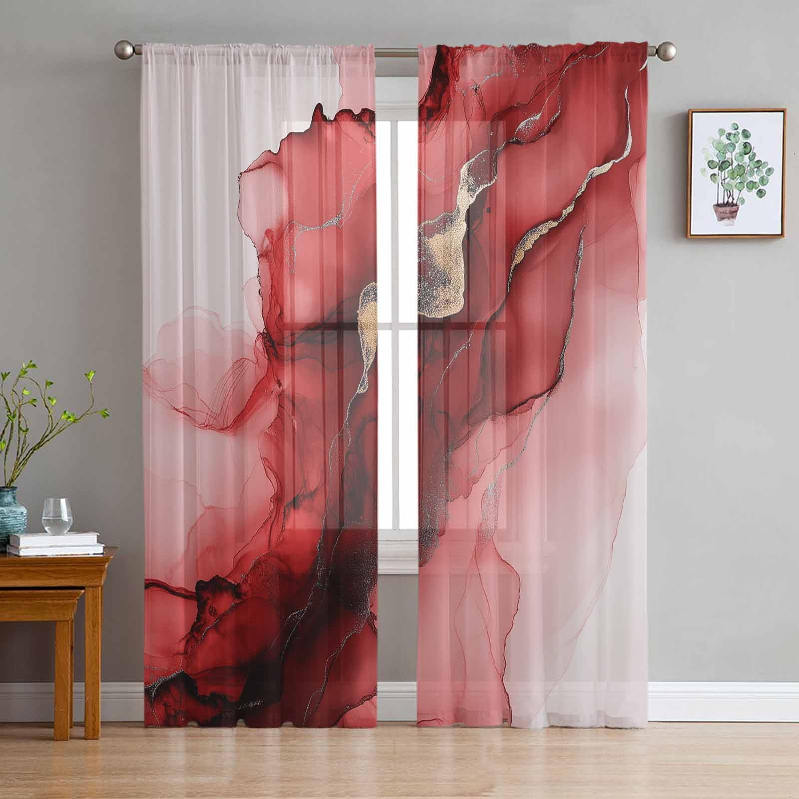 Red Marble Semi Sheer Curtains 63 Inch Length 2 Panels Set, Modern ...