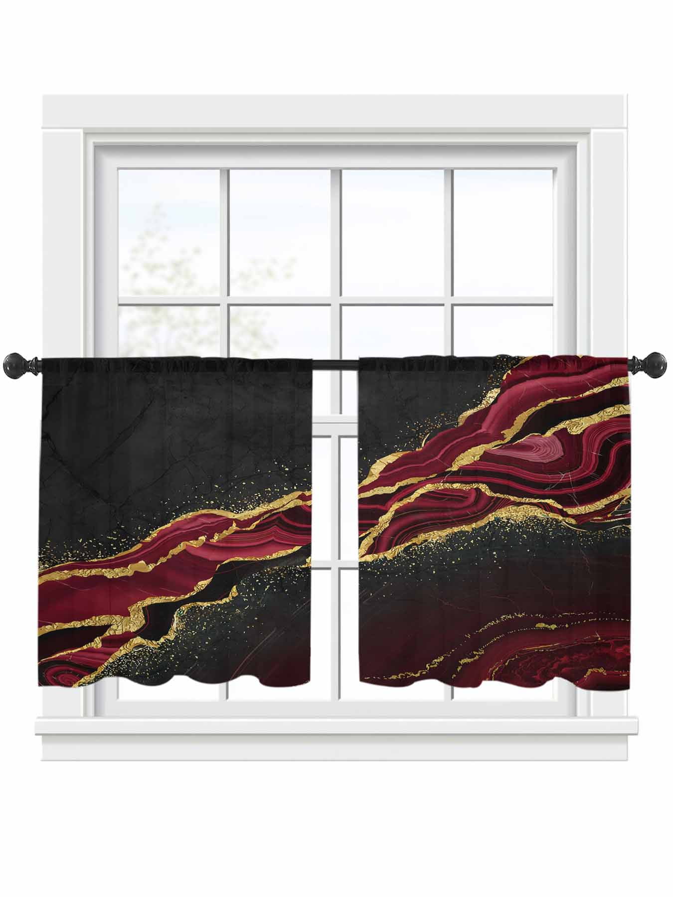 Red Marble Sheer Curtains 45 Inch Length 2 Panels Set, Semi Transparent ...