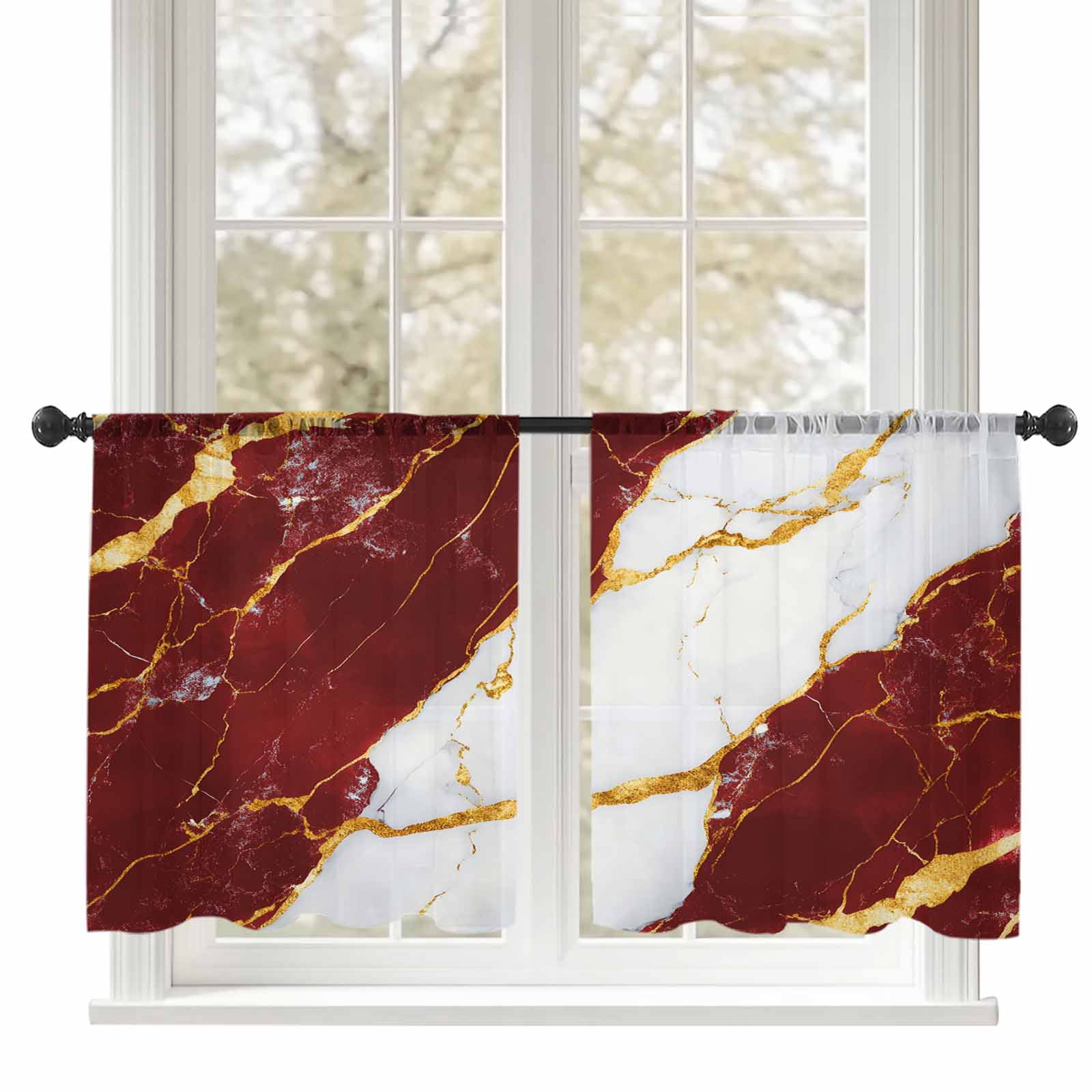 Red Marble Sheer Curtains 54 inches Long, Gold Foil Modern Abstract ...