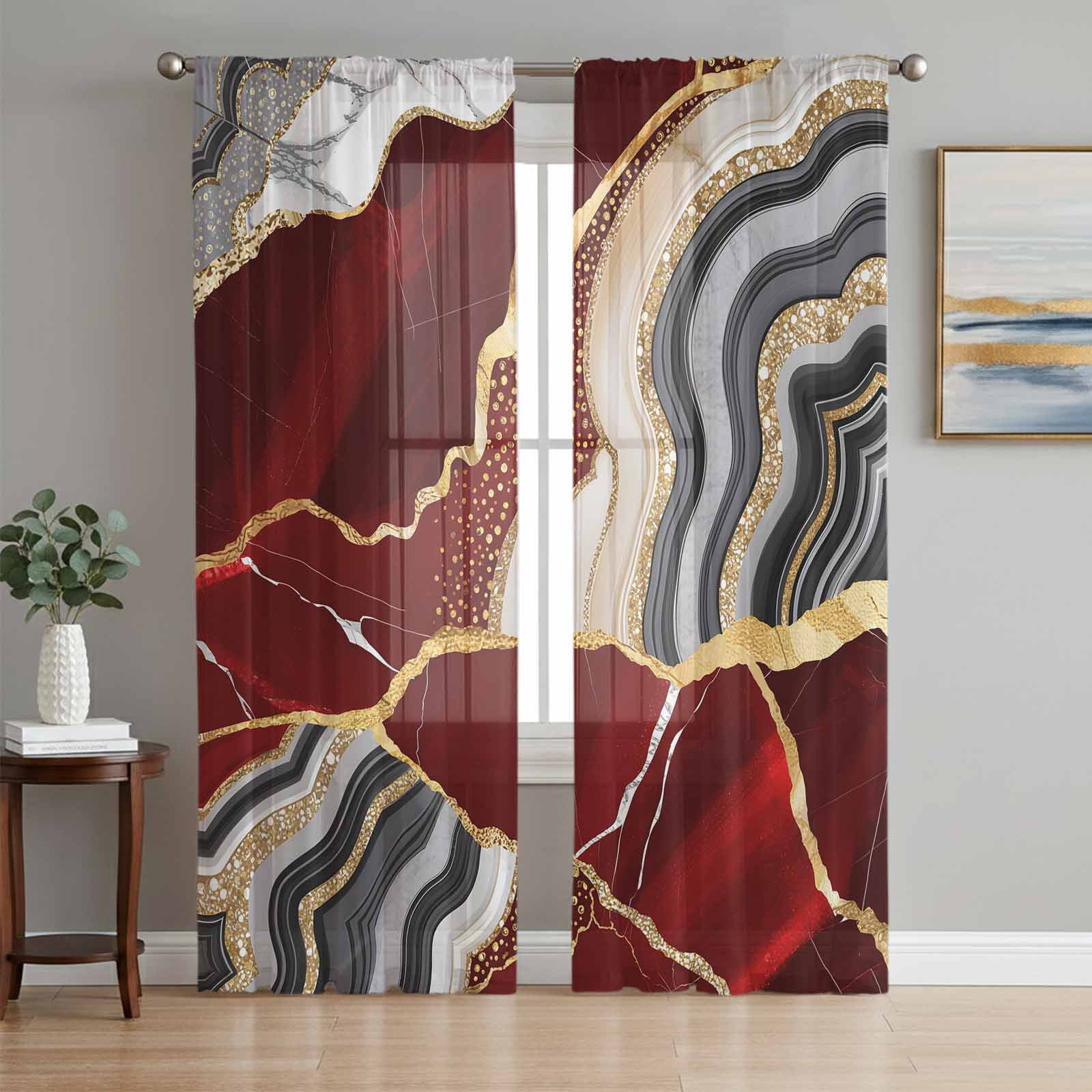 Red Marble Sheer Curtains 63 Inch Length 2 Panels Set, Grey Gold ...