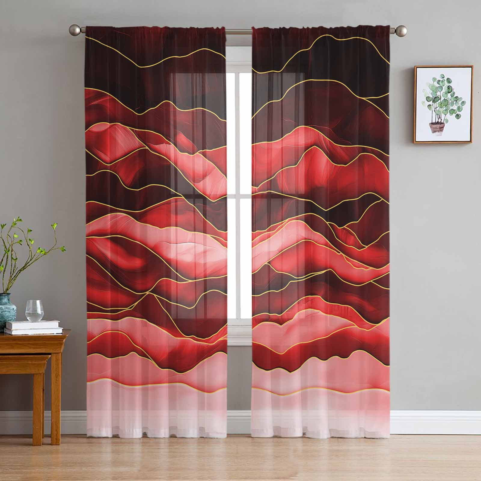 Red Marble Sheer Curtains 96 Inch Length 2 Panels Set for Living Room ...