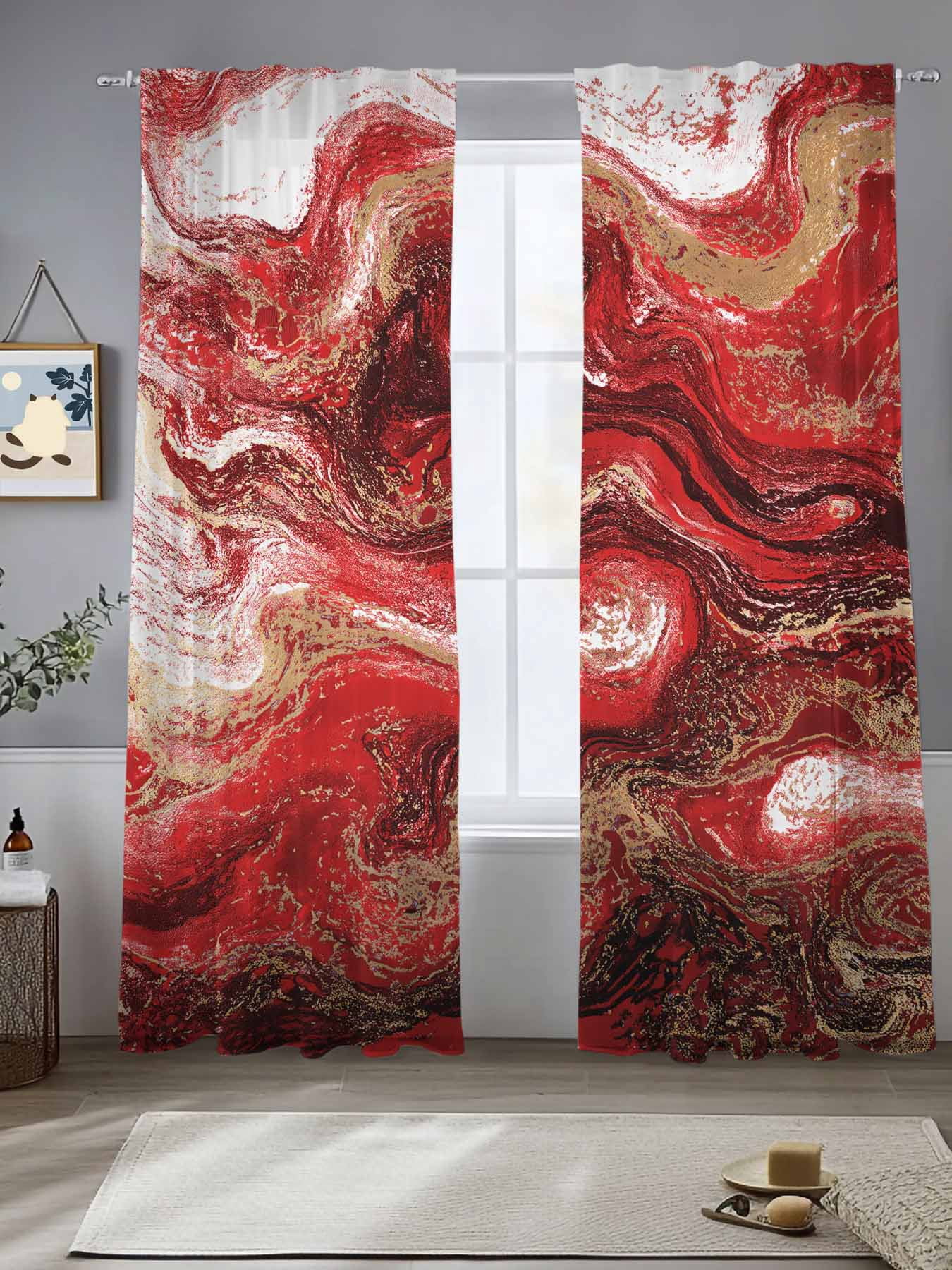 Red Marble Sheer Curtains for Living Room Bedroom Modern Abstract Ombre ...