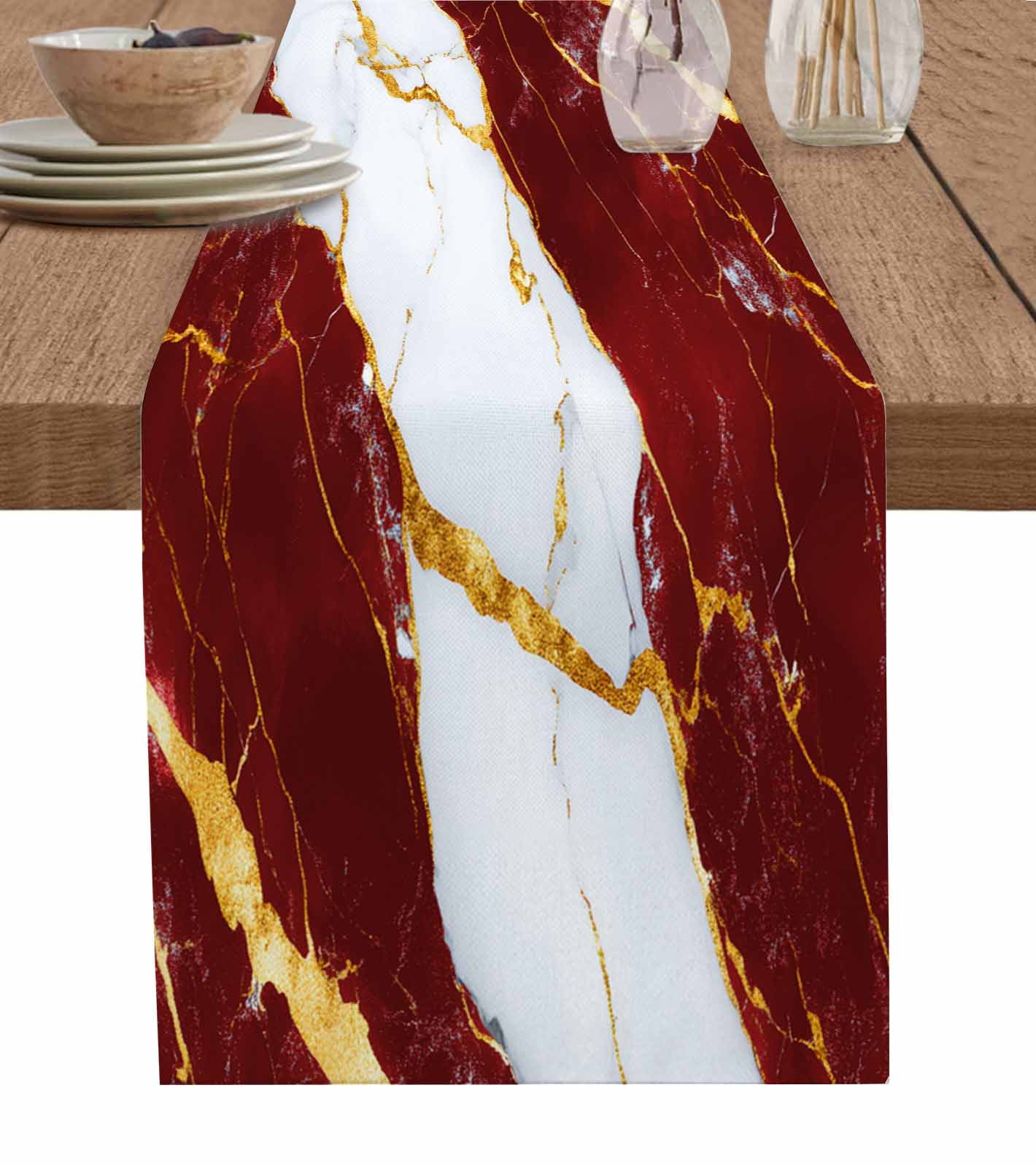Red Marble Table Runner 90 Inches, Luxury Gold White Abstract Cracks ...