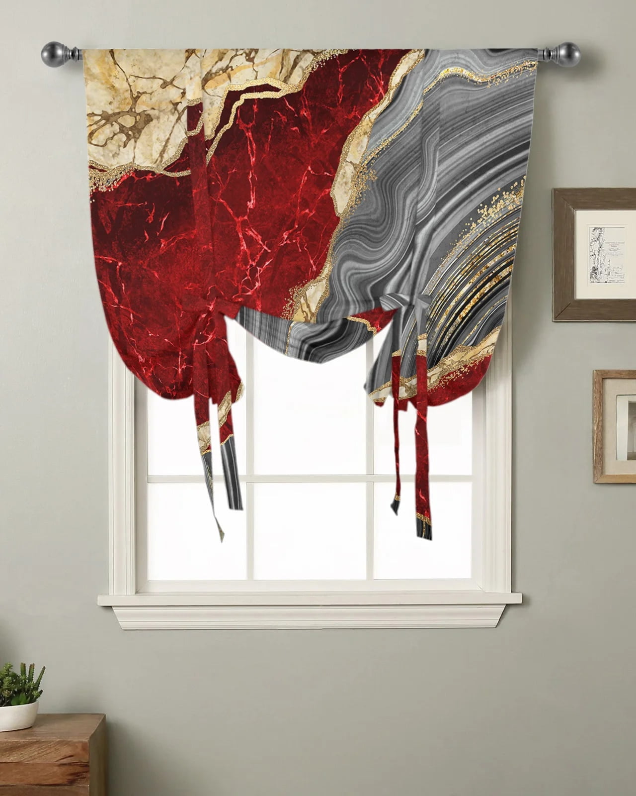Red Marble Texture Kitchen Short Window Curtain Rod Pocket Curtains ...