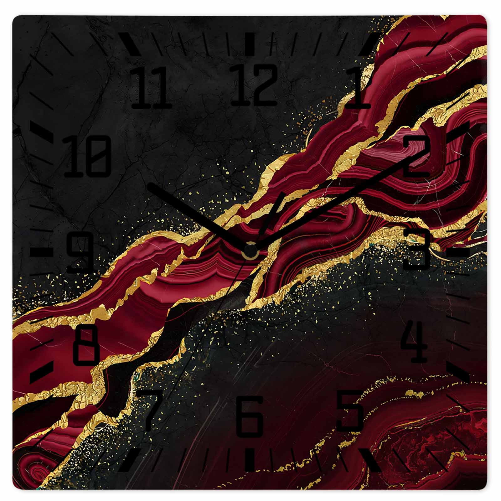 Red Marble Wooden Wall Clock Silent Non Ticking, Gold Abstract Vintage ...