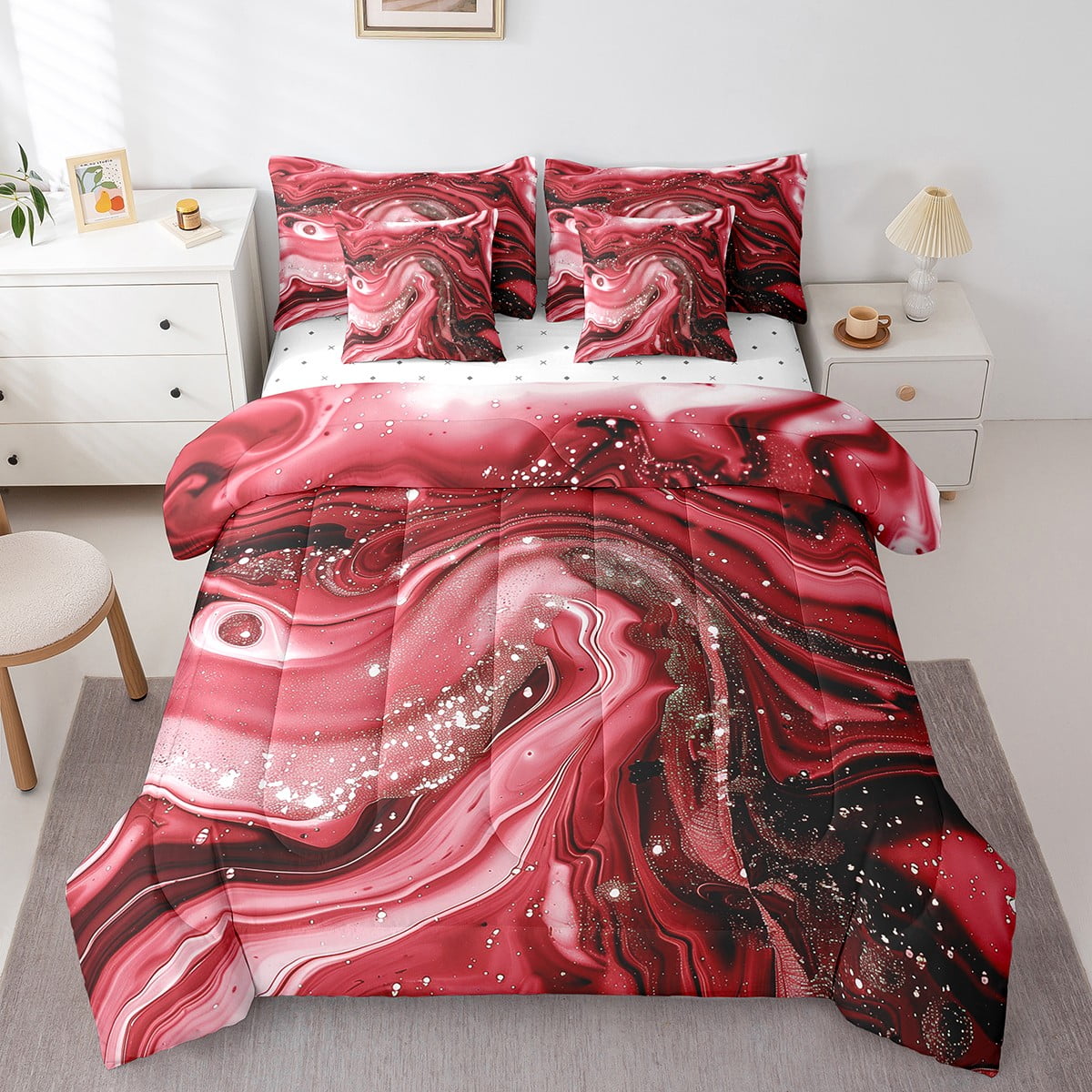 Red Marbling Full Comforter Set 7 Pieces for Girls Women Scarlet Tie ...