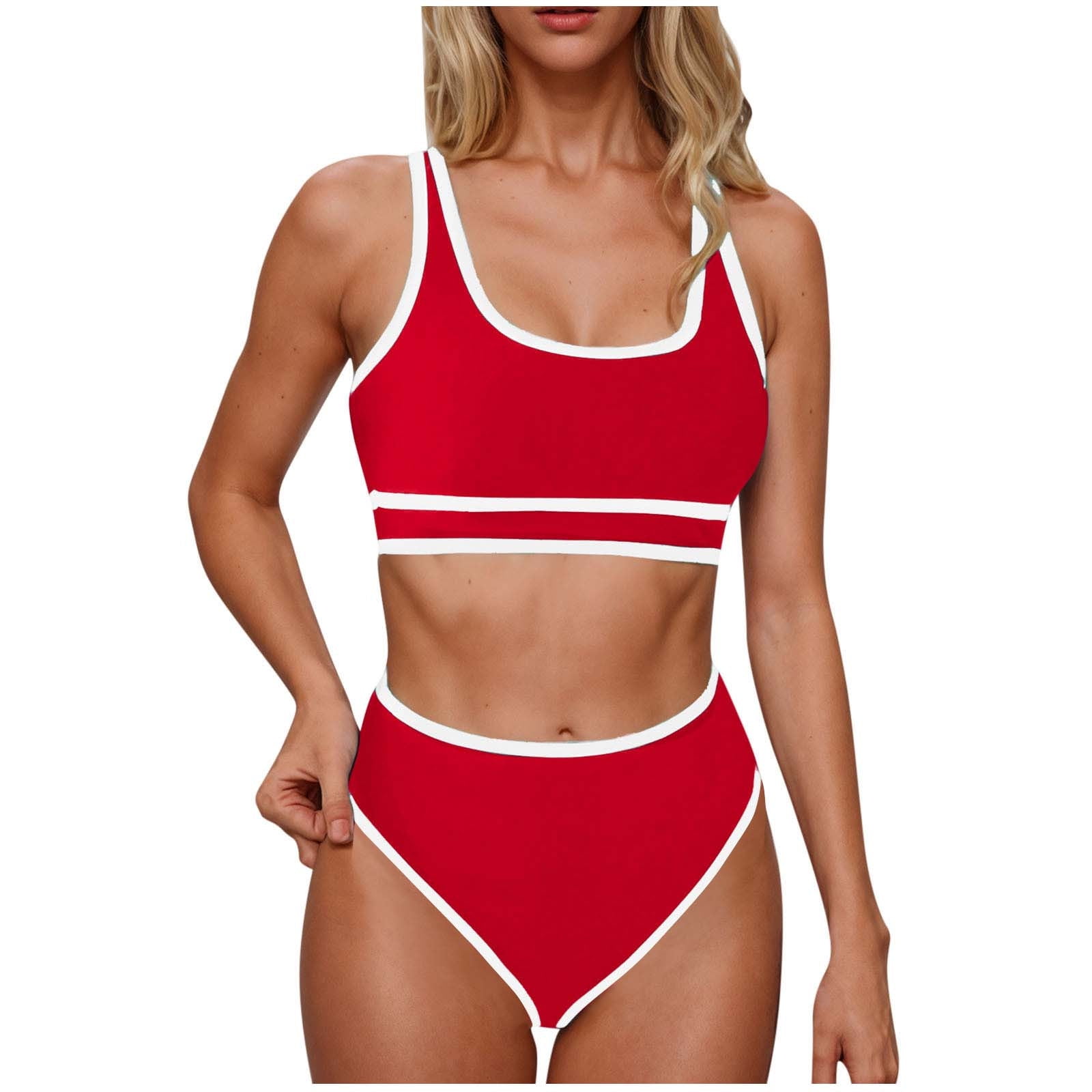 Red Match Sets for Women Spandex Sexy High Waisted Triangle Two Piece Slit Plain Swimwear ...