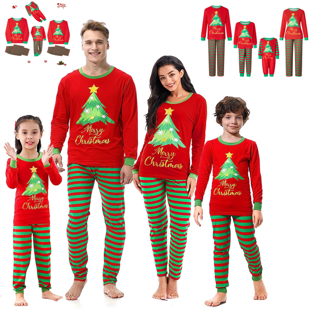 Red Matching Christmas Pajamas For Family,Tree and Striped Printed ...