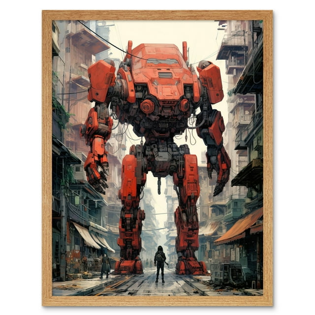 Red Mecha Robot in City Street Anime Sci-Fi Artwork Giant Humanoid ...