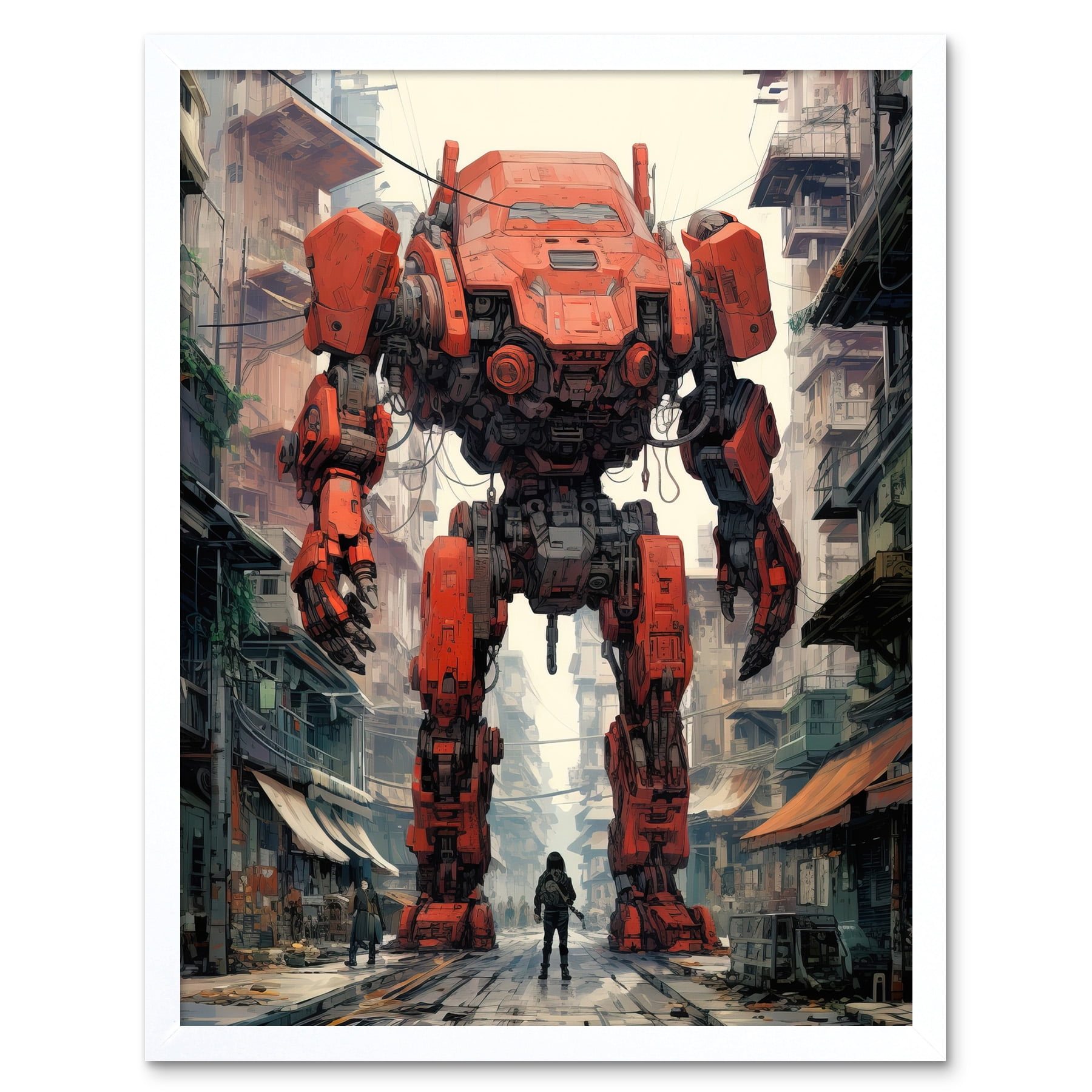 Red Mecha Robot in City Street Anime Sci-Fi Artwork Giant Humanoid ...