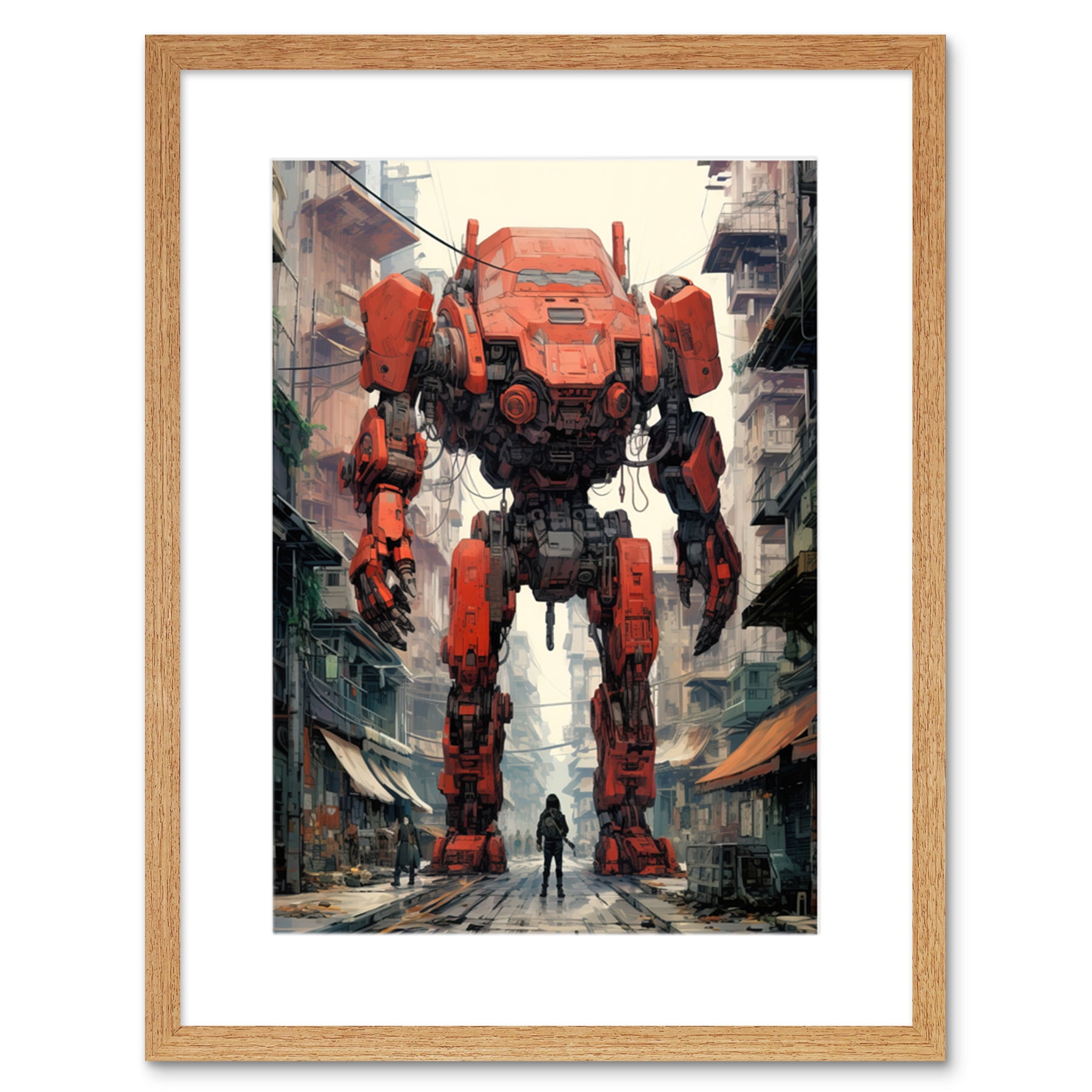 Red Mecha Robot in City Street Anime Sci-Fi Artwork Giant Humanoid ...
