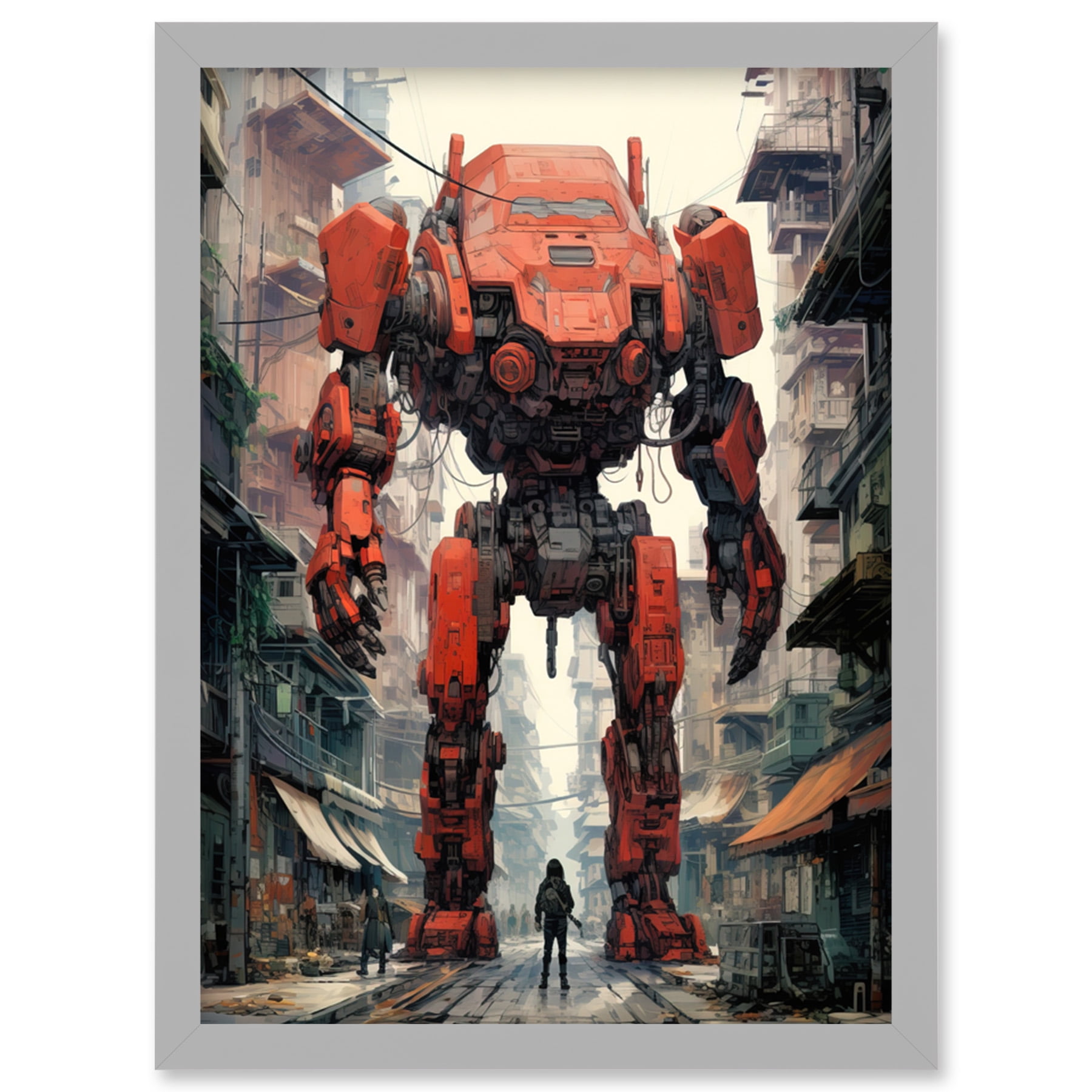 Red Mecha Robot in City Street Anime Sci-Fi Artwork Giant Humanoid ...