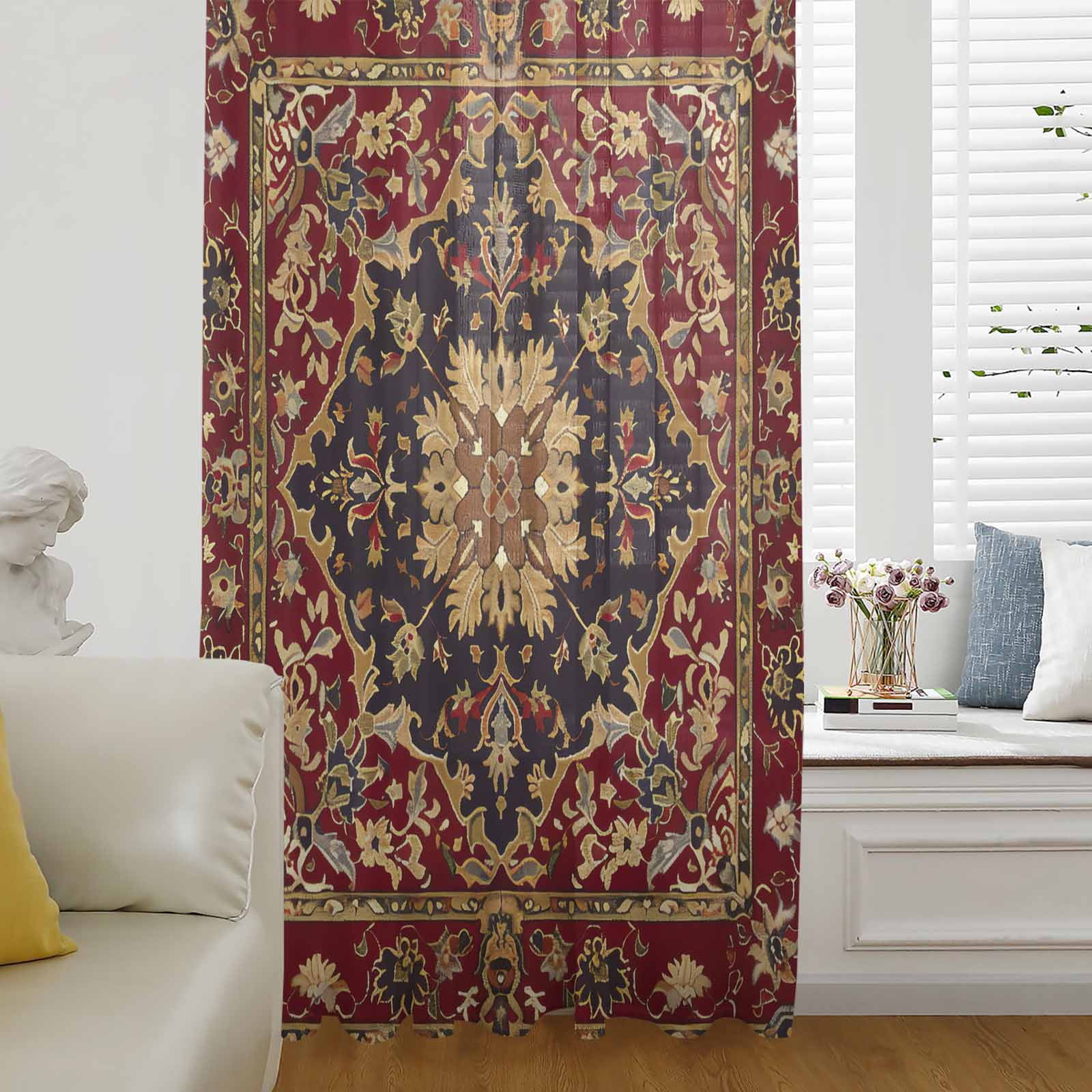 Red Medallion Floral Window Curtain 63 Inches Long,Retro Traditional ...