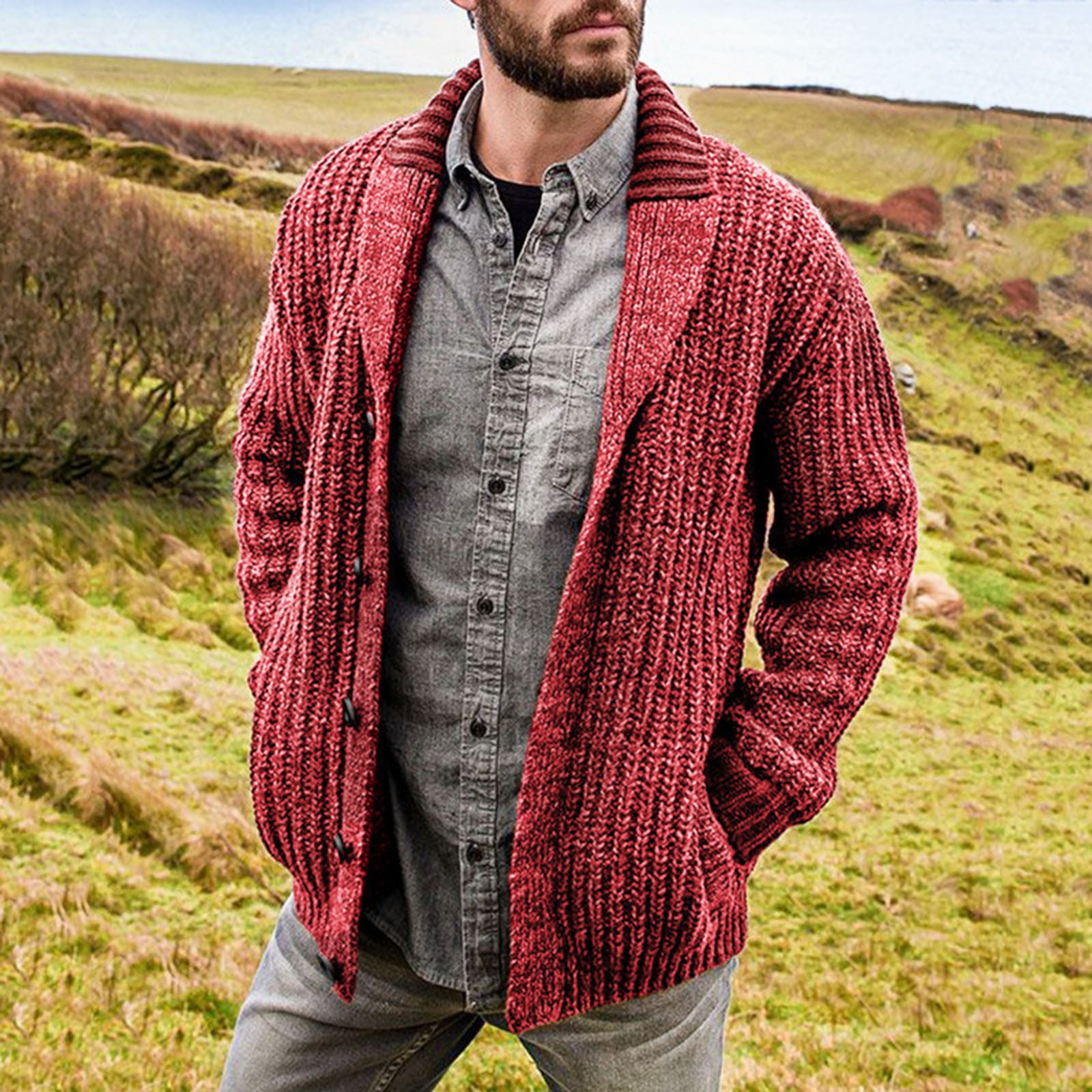 Red Mens Cable Knit Cardigan Sweater Shawl Collar Loose Fit Long Sleeve ...