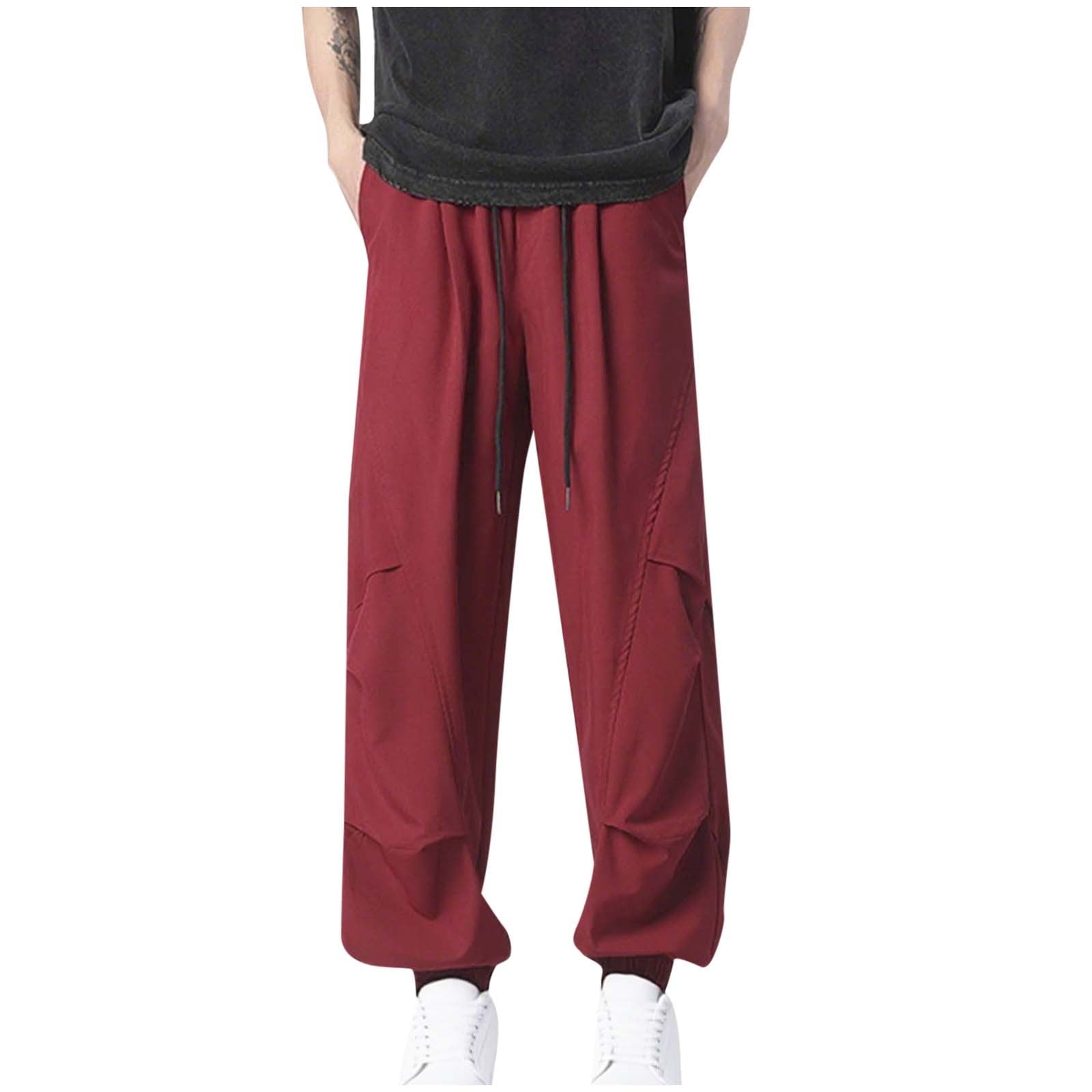 Red Mens Loose Fit Pants for Mens Work Cargo Casual Pleated Paperbag ...