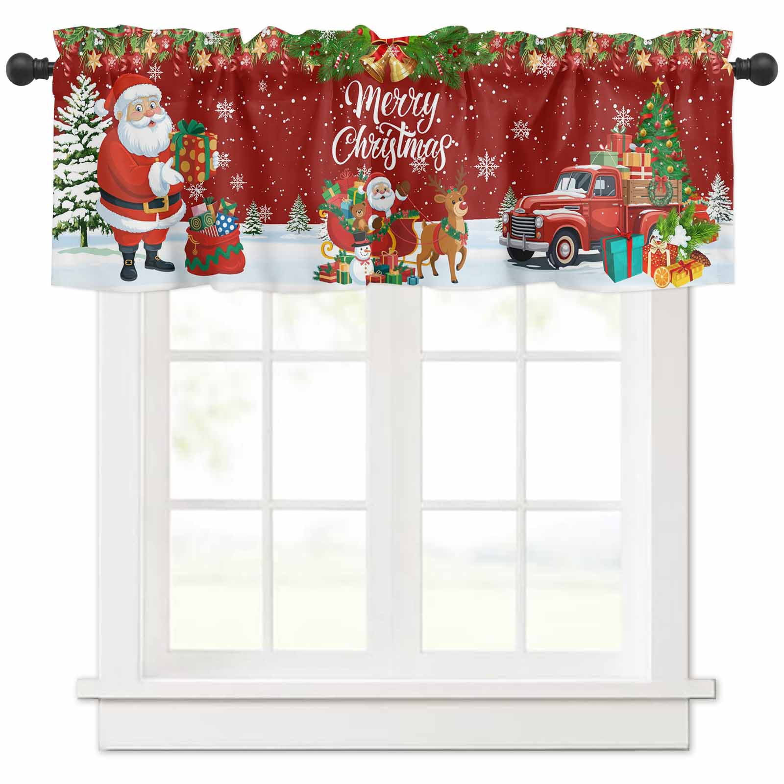 Red Merry Christmas Valances for Windows, Xmas Santa Gift Truck Tree ...