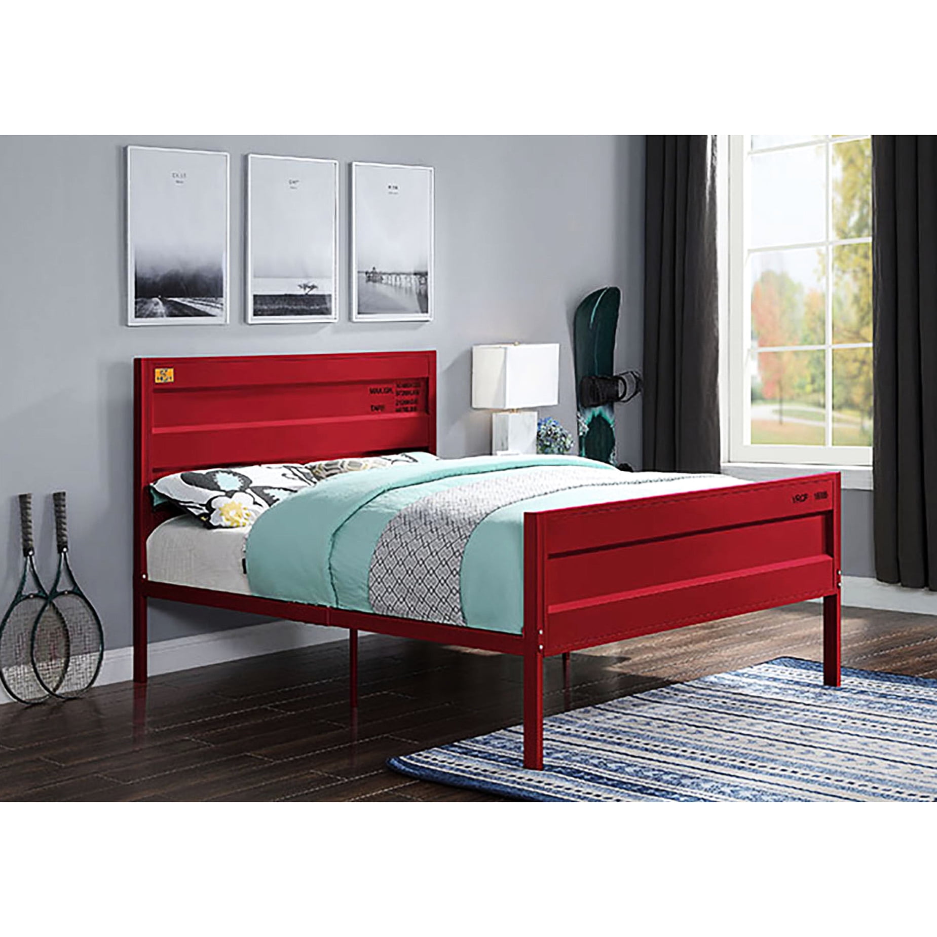 Red Metal Full Bed, Industrial Look Inspired Aesthetic Design, Rectangular Head/, Box Spring Not ...