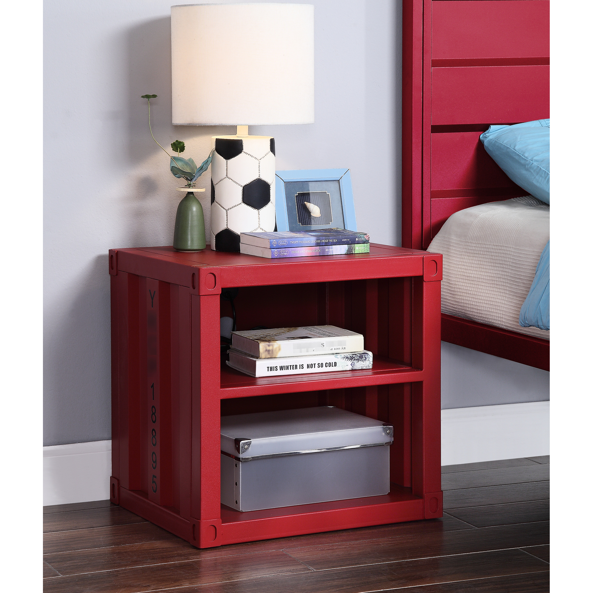 Red Metal Nightstand With Feature - Contemporary Style Graceful Plug ...