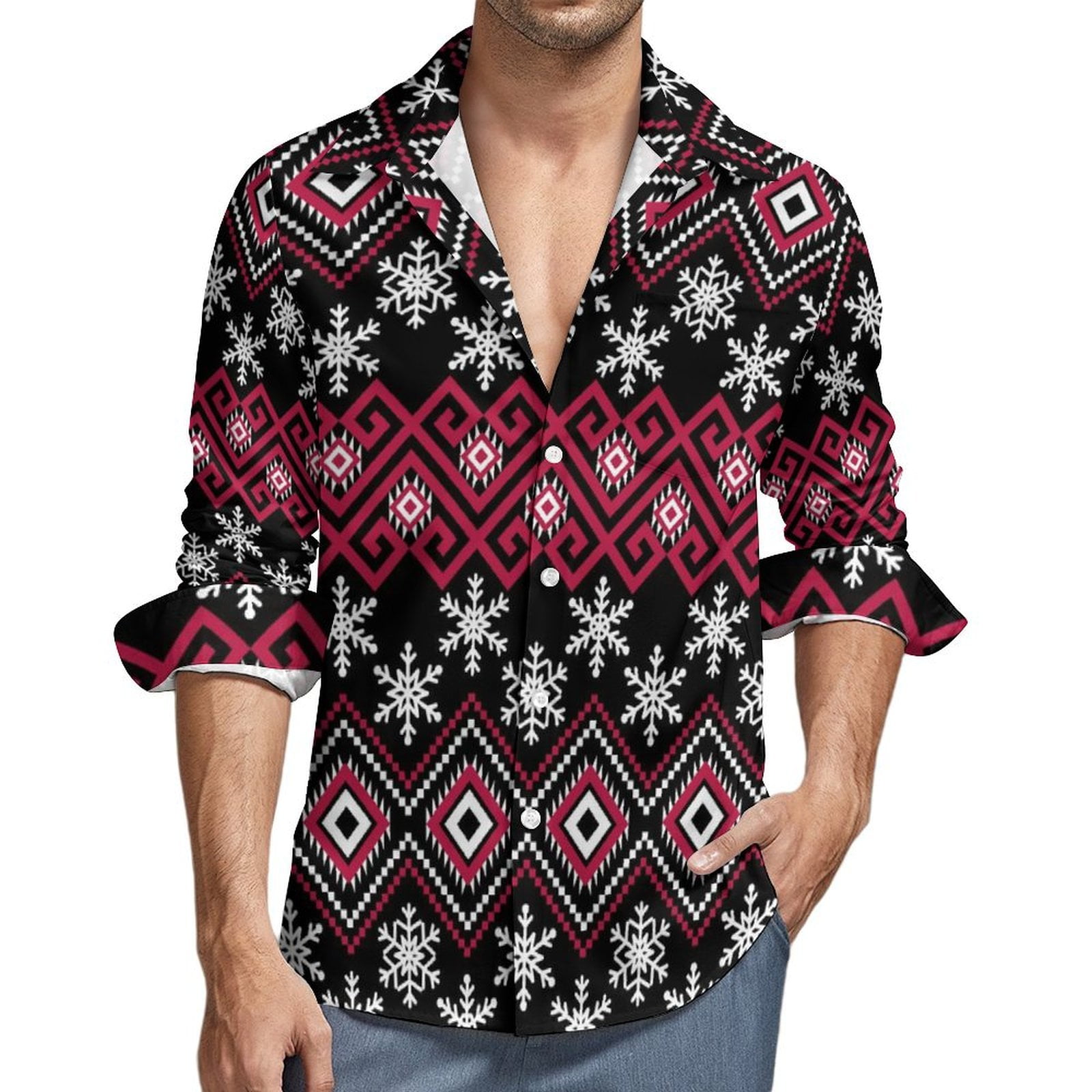 Red Minimalist Snowflake Mens Long Sleeve Button Down Shirts, Casual ...