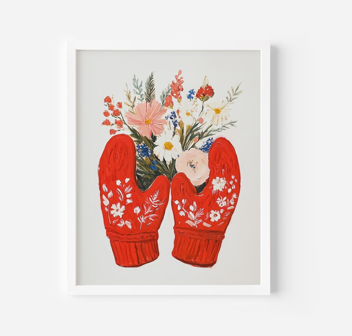 Red Mittens Floral Poster Cozy Winter Decor ,Winter Gloves Poster ...
