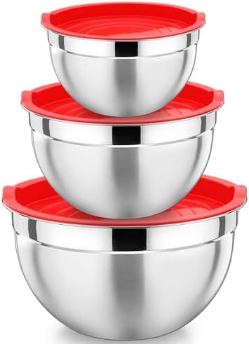 Red Mixing Bowls with Lids, Set of 3, Stainless Steel Salad Nesting ...