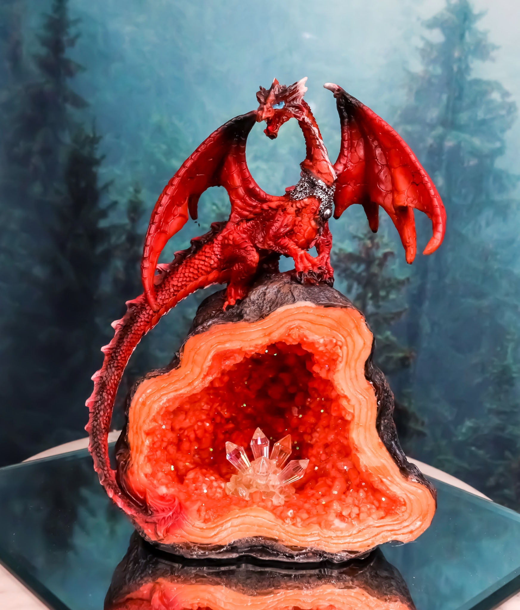 Red Monarch Dragon Climbing On Faux Geode Quartz Crystal Cavern Rock ...