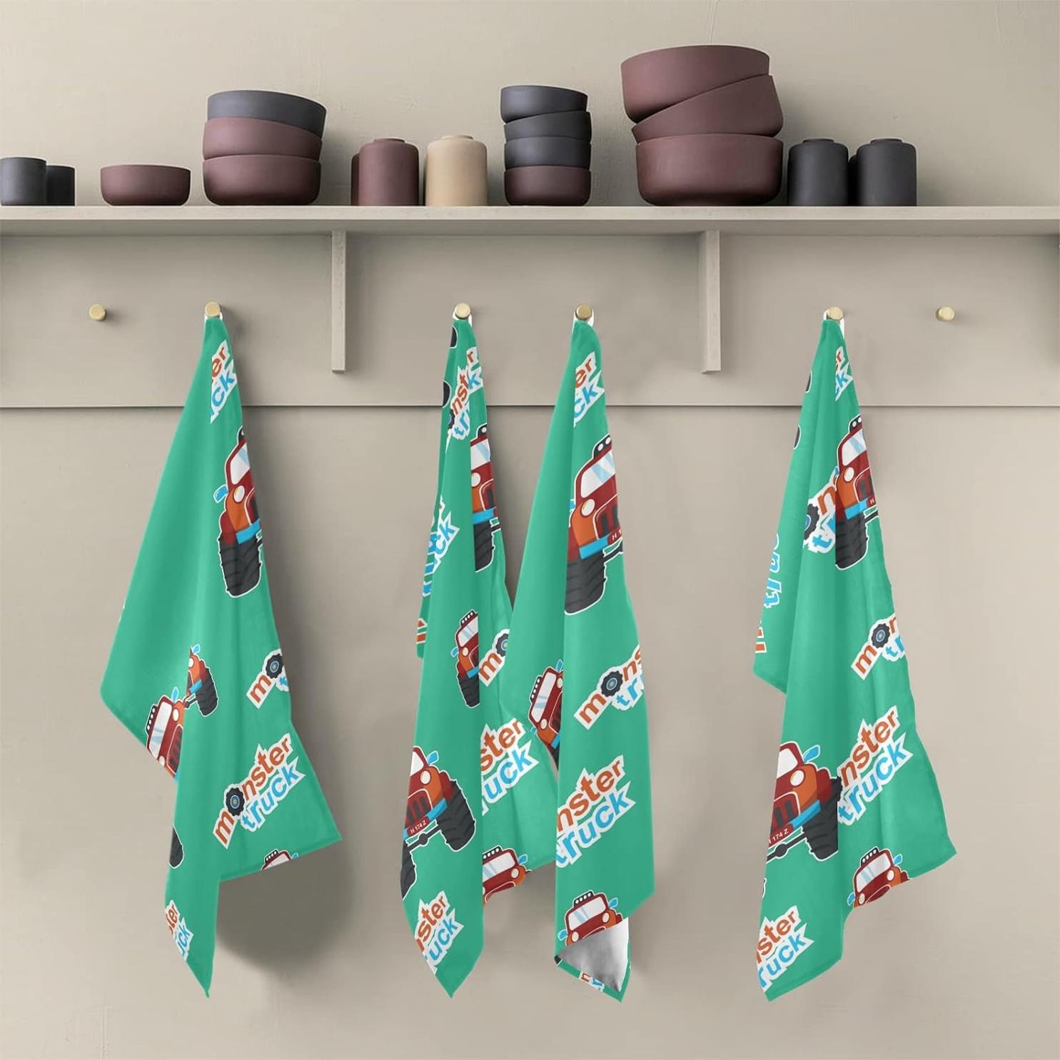 Red Monster Truck Cartoon Dish Towels Set of 6, Big Vehicle Washable ...