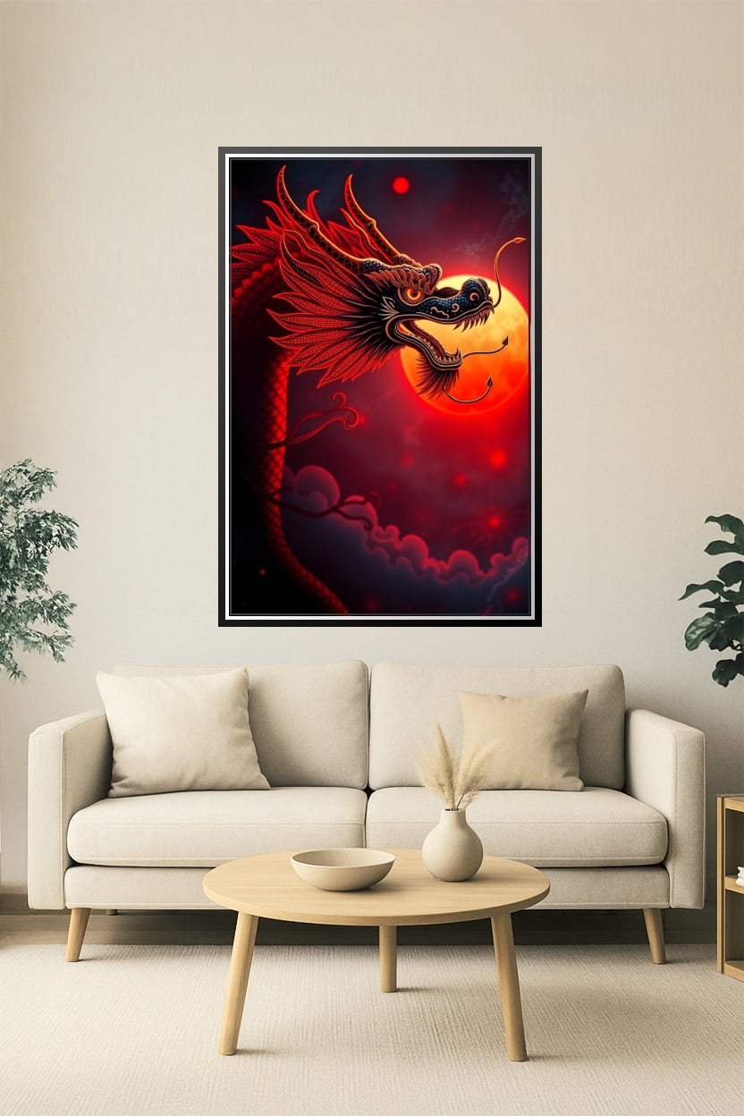 Red Moon Dragon – Fierce Oriental Mythical Beast Poster 【Rolled Canvas ...