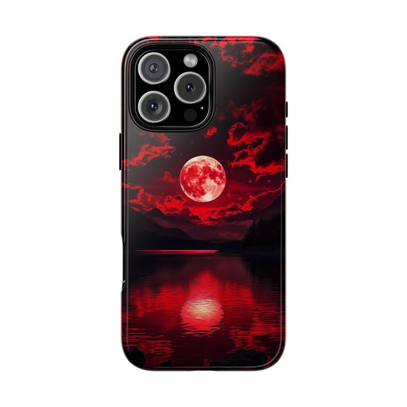 Red Moon Over Lake with Lunar Reflection Celestial Art Phone Case with ...