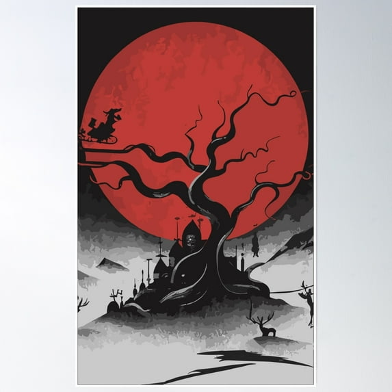 Red Moon Tree On The Horizon Poster Wall Art, Modern Wall Decor, 12x18 ...