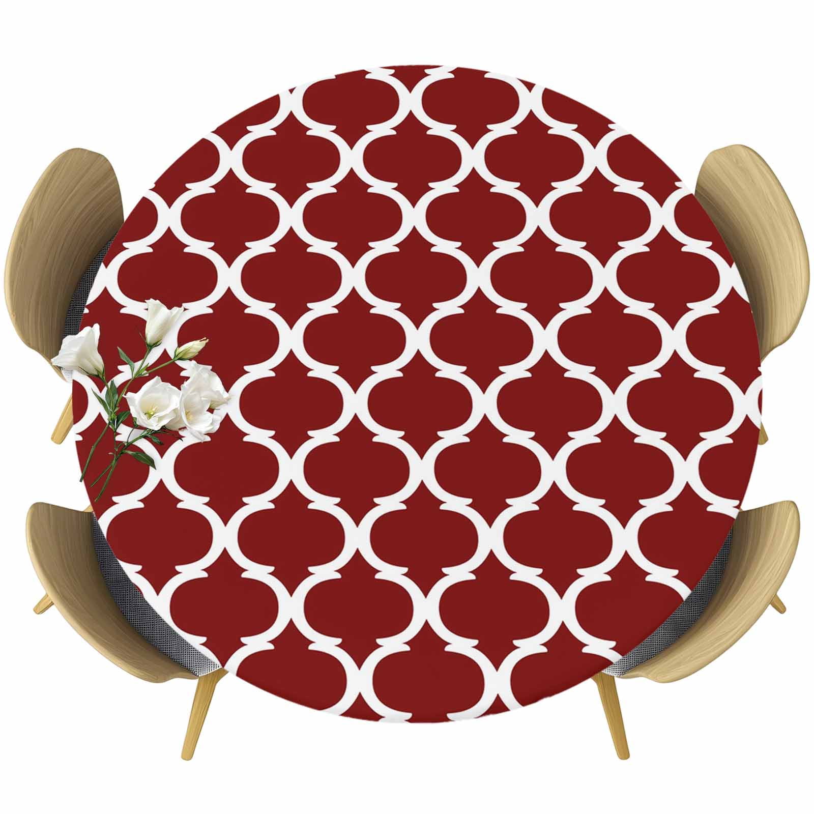 Red Morocco Pattern Table Cloth, Round Fitted Tablecloths with Elastic ...