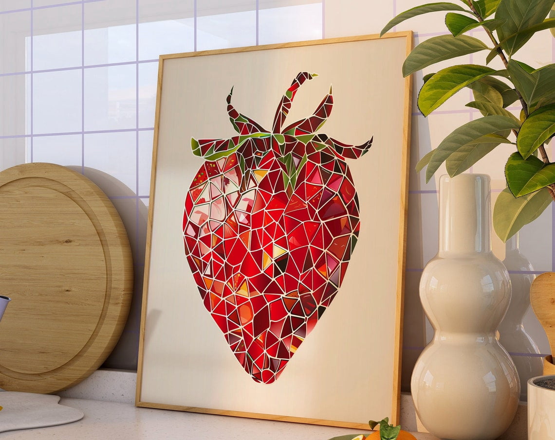Red Mosaic Strawberry Art Print • Trendy Kitchen Prints • Red ...
