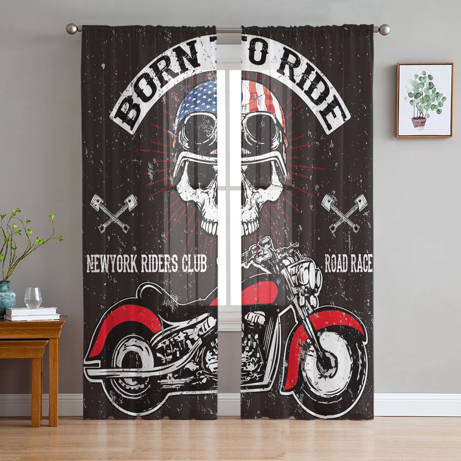 Red Motorcycle Stars Plate Retro Tulle Curtains for Living Room ration ...